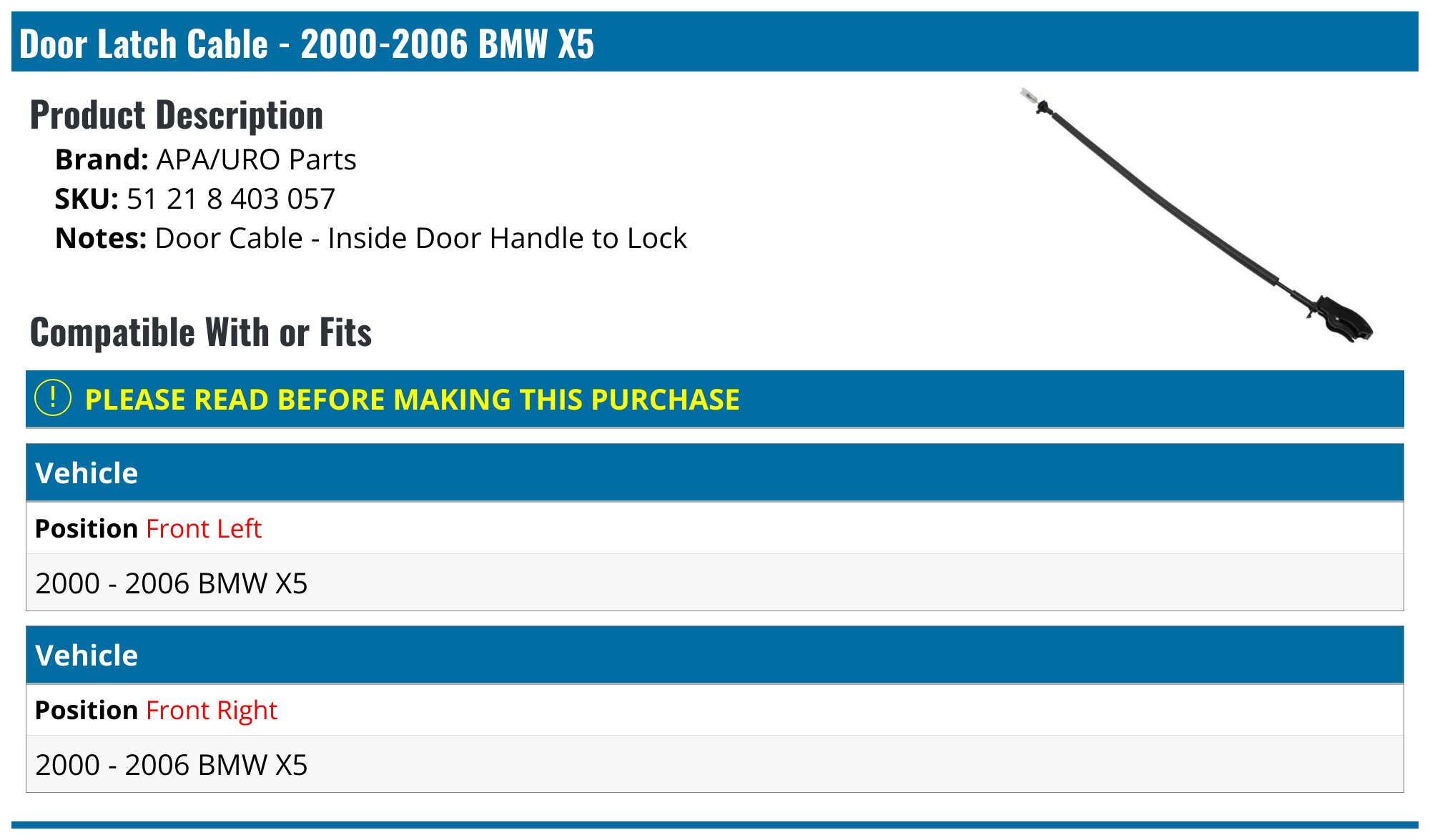 2000-2006 BMW X5 Door Latch Cable - APA/URO Parts 51 21 8 403 057 ...