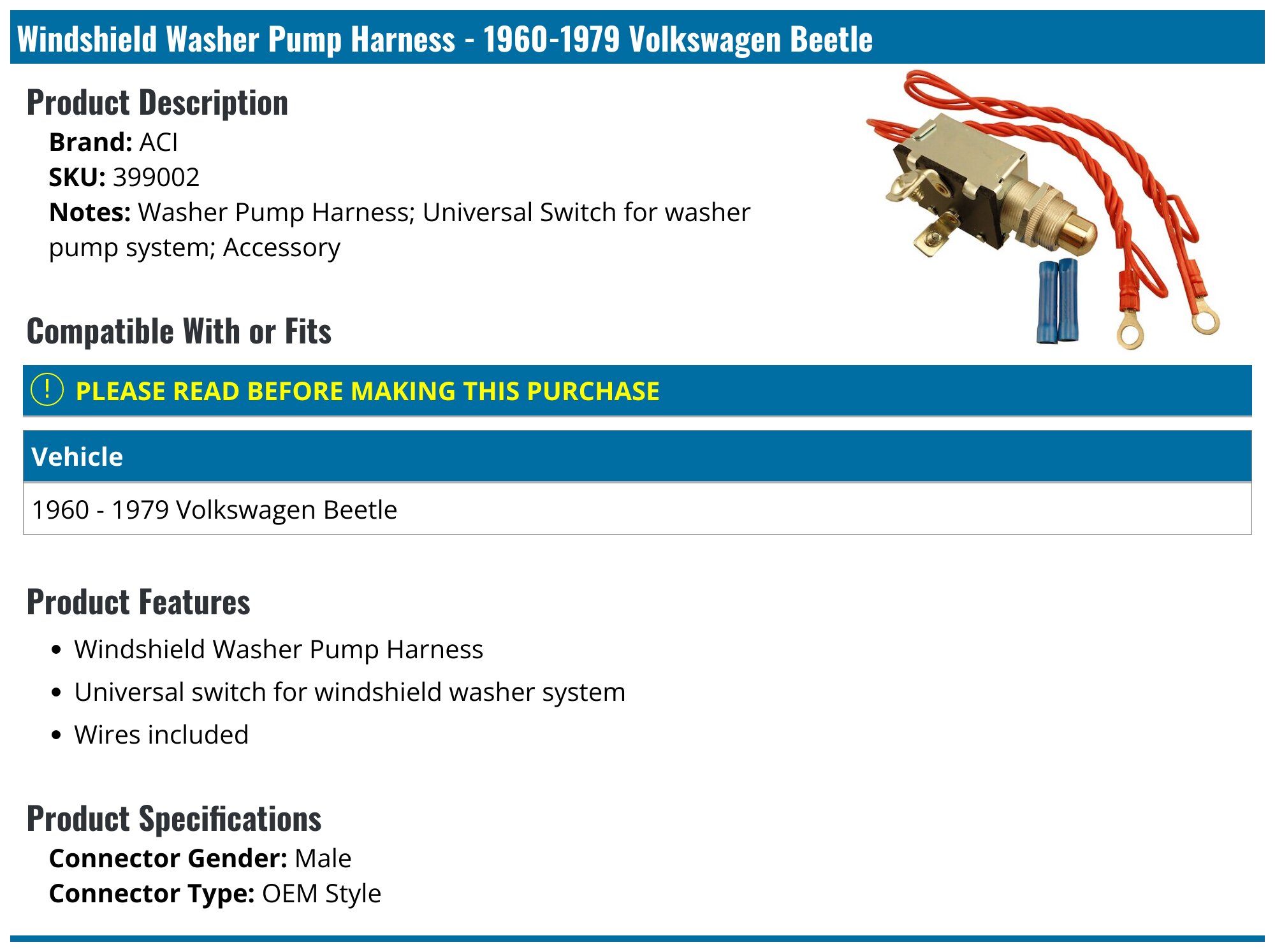 1960-1979 Volkswagen Beetle Windshield Washer Pump Harness - ACI 399002 ...