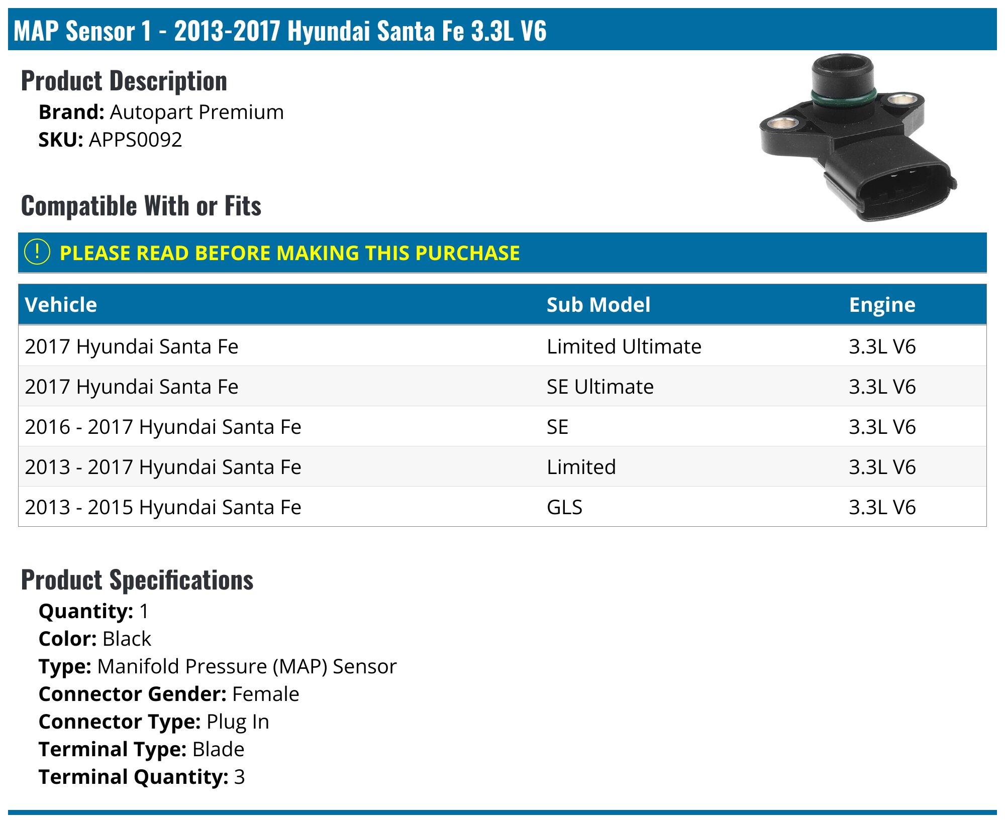 2013-2017 Hyundai Santa Fe MAP Sensor - Autopart Premium APPS0092 ...