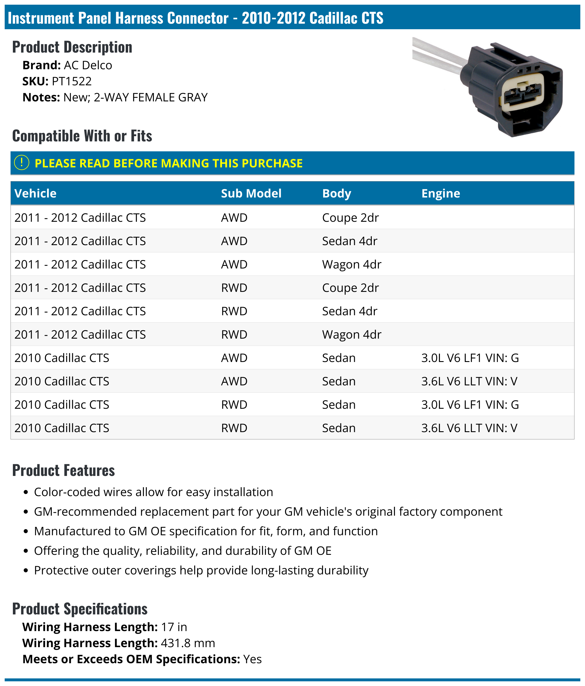 2010-2012 Cadillac CTS Instrument Panel Harness Connector - AC Delco ...
