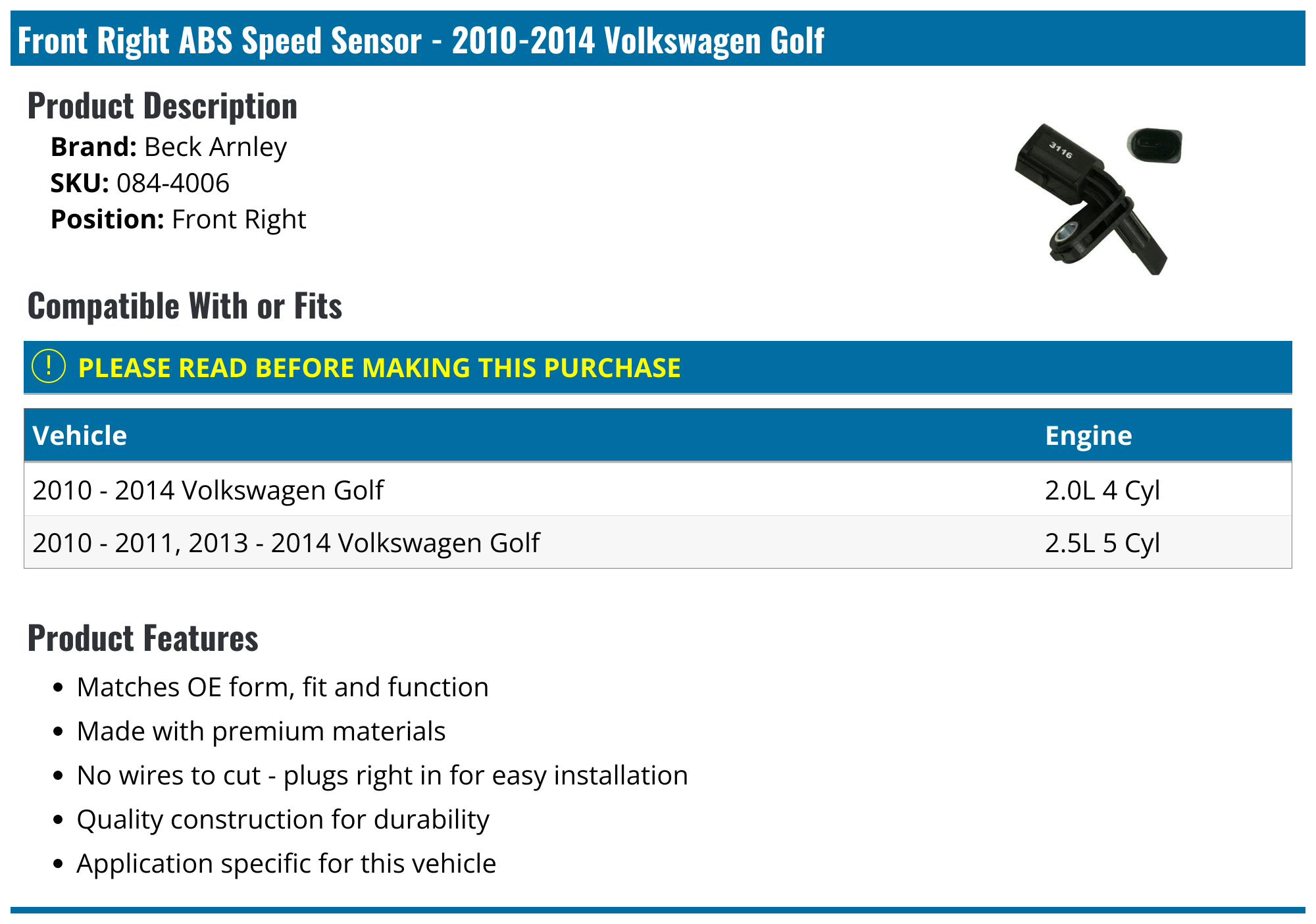 2010-2014 Volkswagen Golf ABS Speed Sensor - Beck Arnley 084-4006 ...