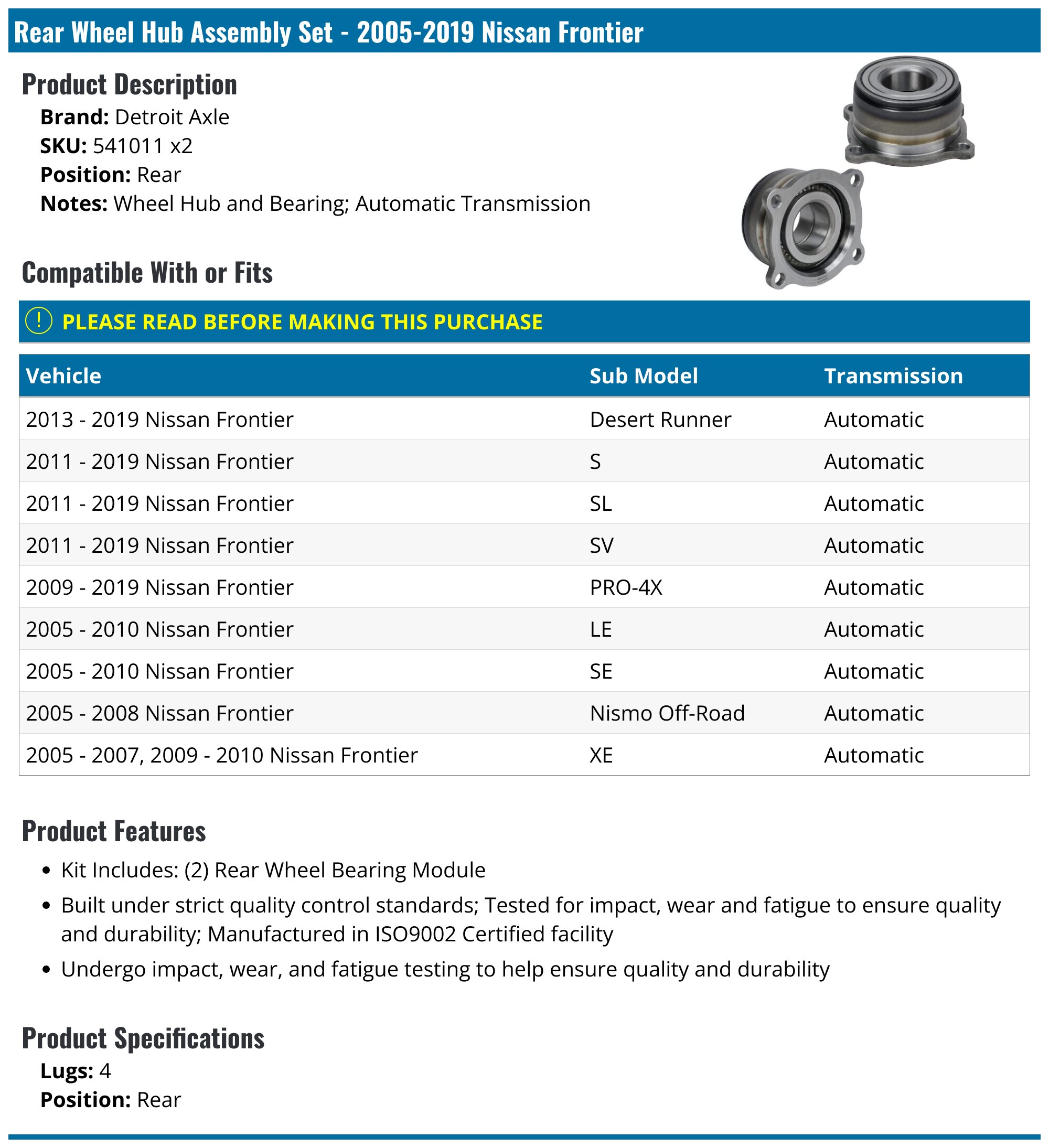 2005-2019 Nissan Frontier Wheel Hub Assembly - Detroit Axle 541011 x2 ...