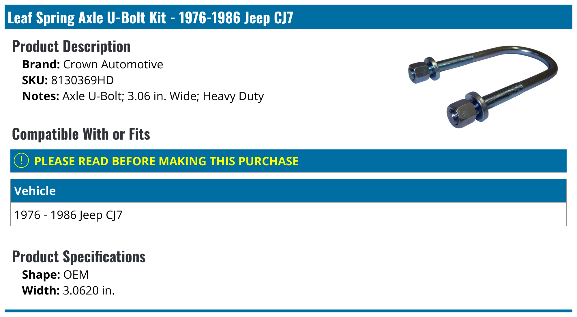 1976-1986 Jeep CJ7 Leaf Spring Axle U-Bolt - Crown Automotive 8130369HD ...