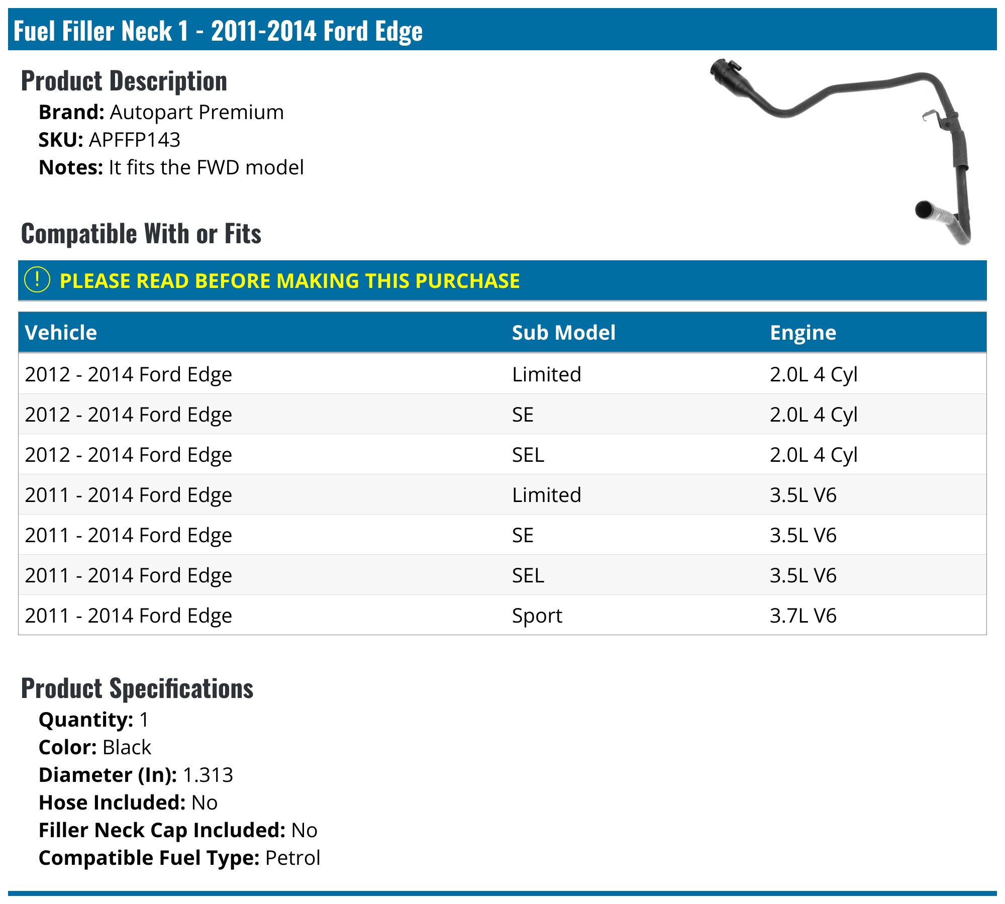 2011-2014 Ford Edge Fuel Filler Neck - Autopart Premium APFFP143 ...