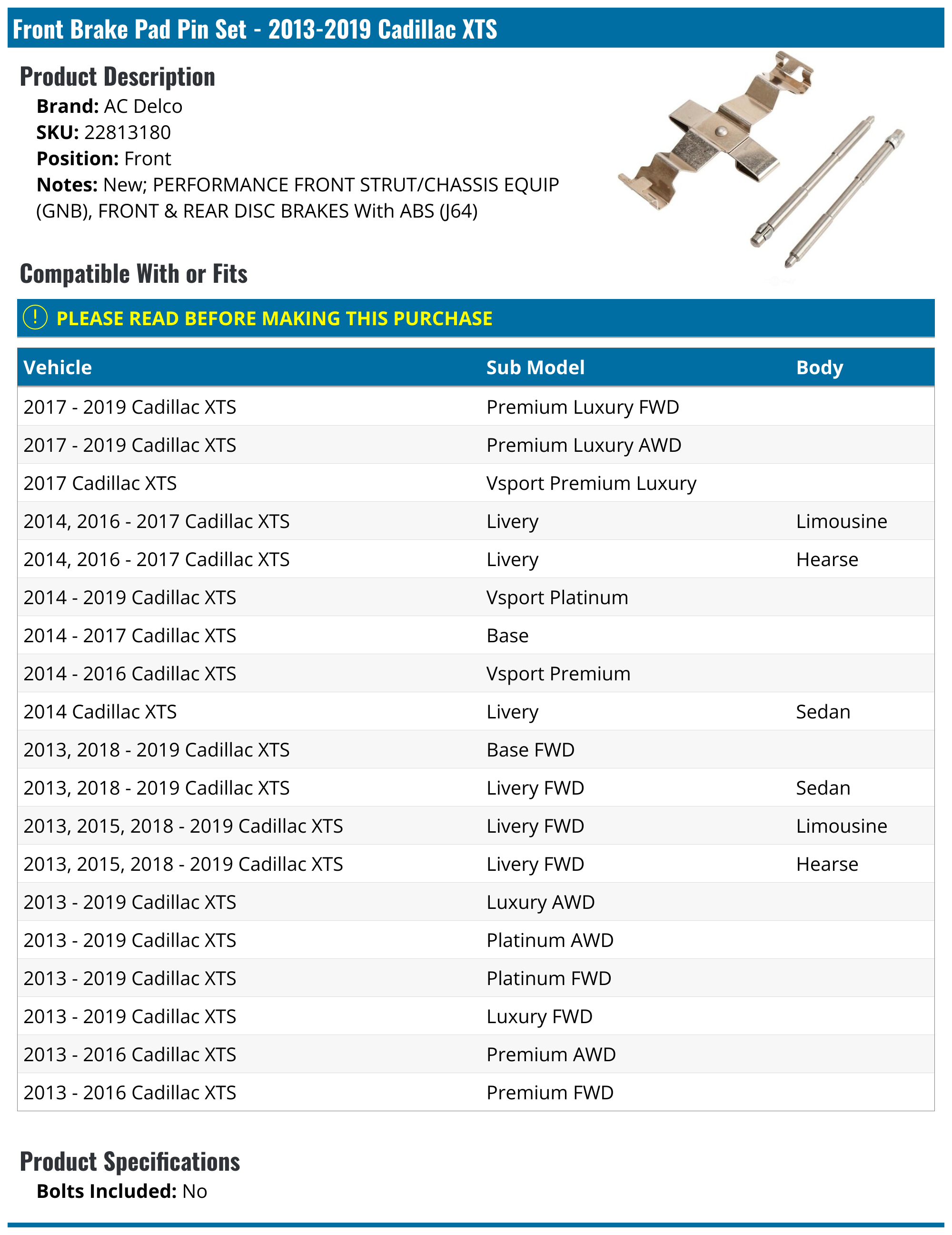 2013-2019 Cadillac XTS Brake Pad Pin - AC Delco 22813180 - Front ...