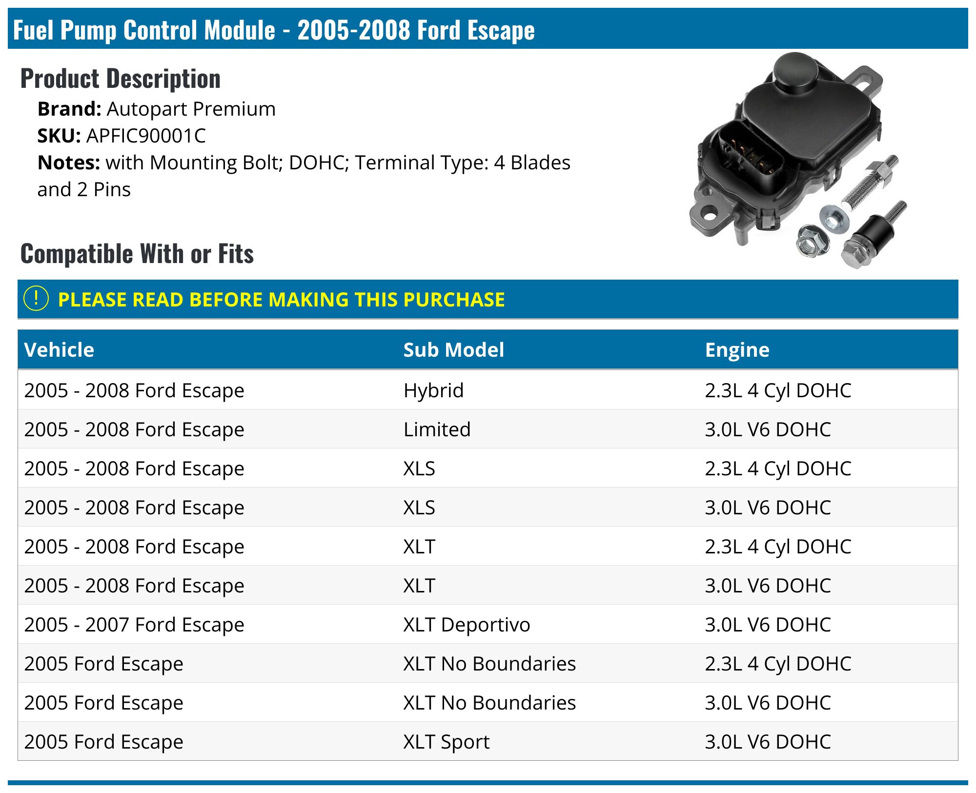 2005-2008 Ford Escape Fuel Pump Control Module - Autopart Premium ...