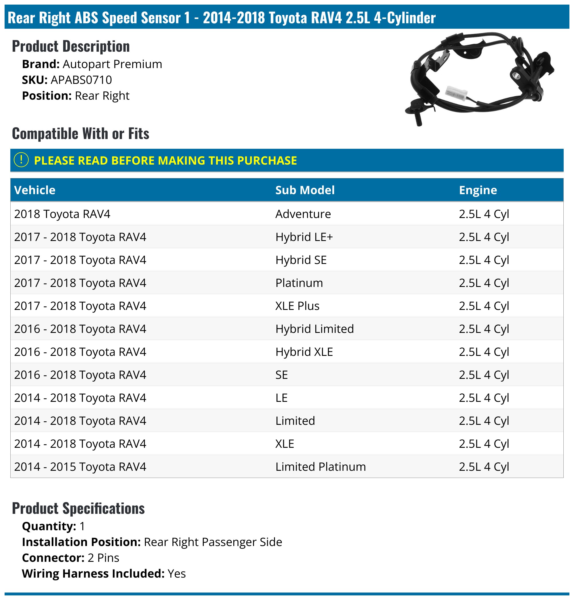 2014-2018 Toyota RAV4 ABS Speed Sensor - Autopart Premium APABS0710 ...