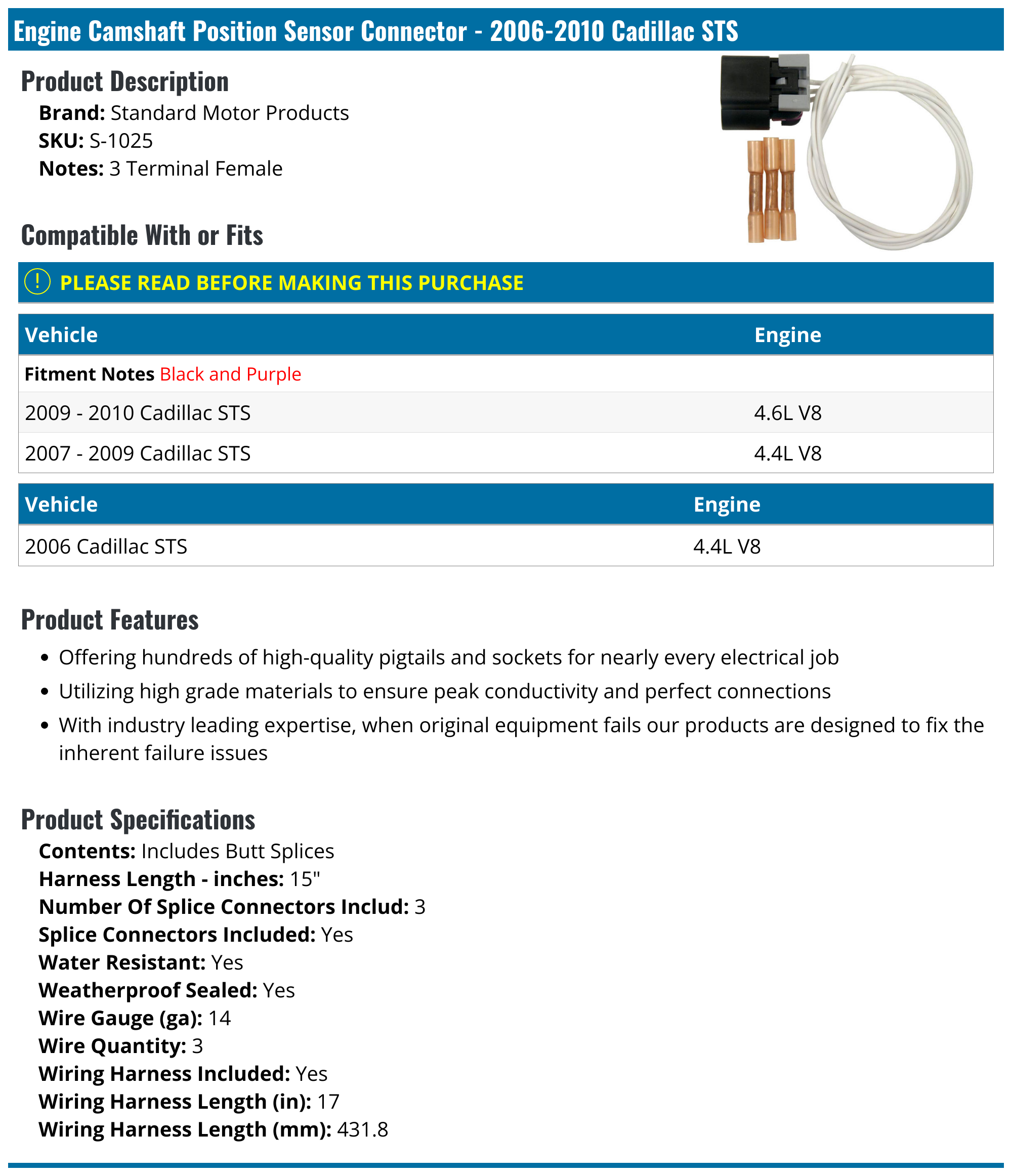 2006-2010 Cadillac STS Engine Camshaft Position Sensor Connector ...