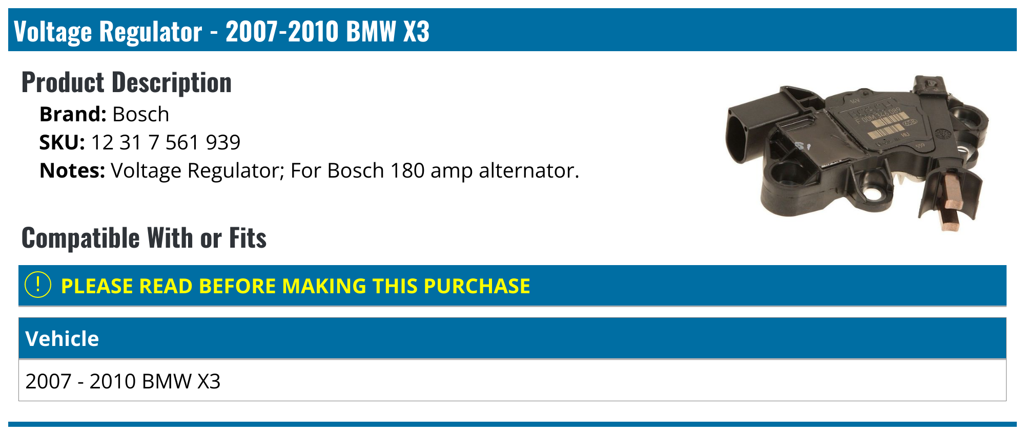 2007-2010 BMW X3 Voltage Regulator - Bosch 12 31 7 561 939 - PartsGeek.com