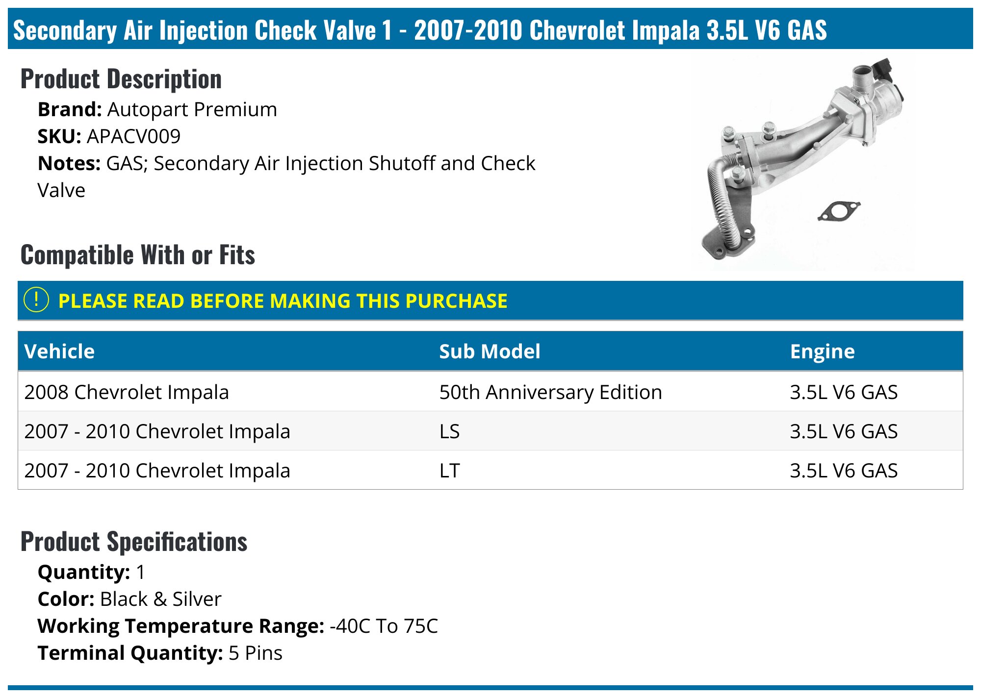 2007-2010 Chevrolet Impala Air Pump Check Valve - Autopart Premium ...