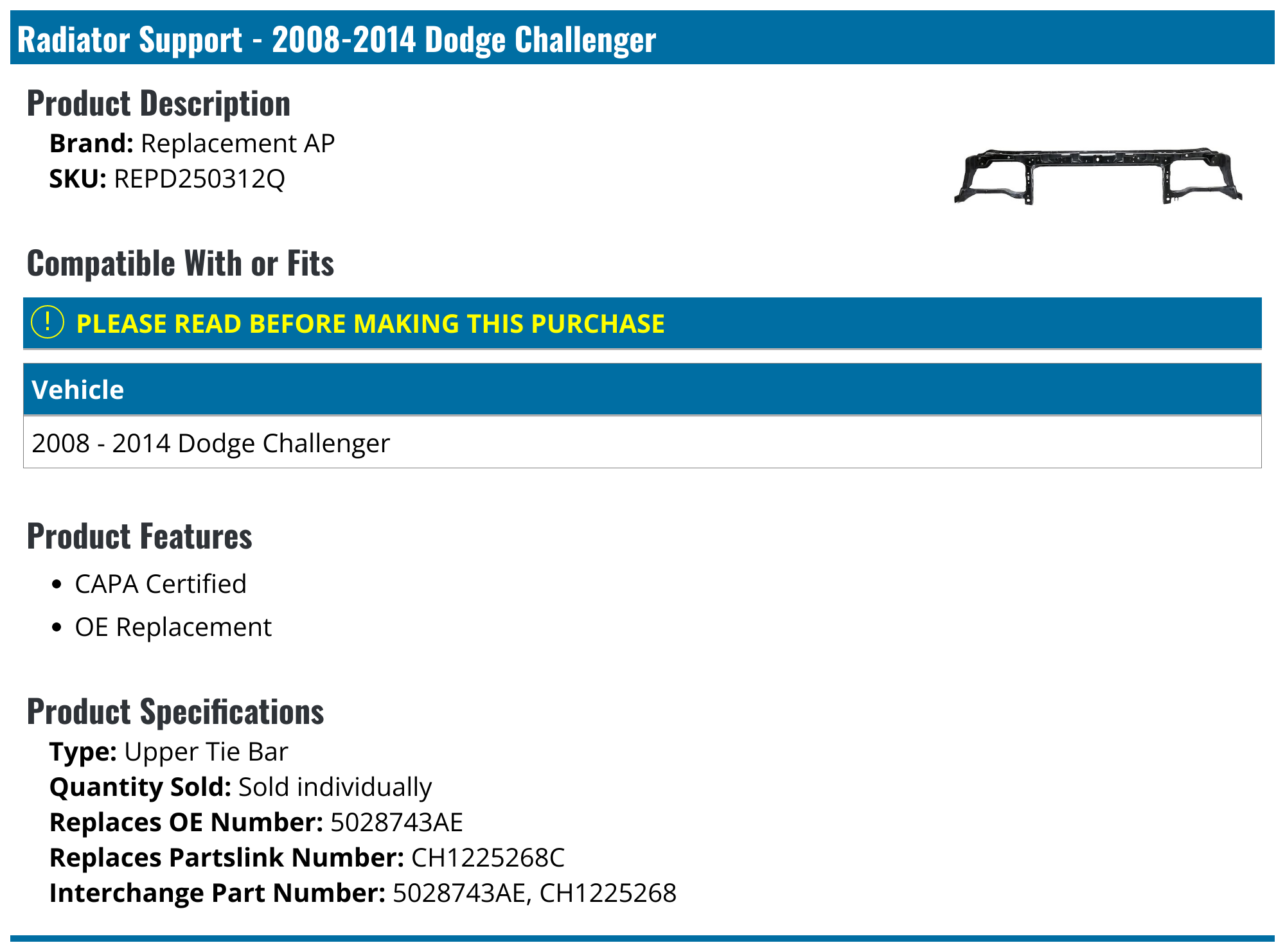 2008-2014 Dodge Challenger Radiator Support - Replacement AP ...