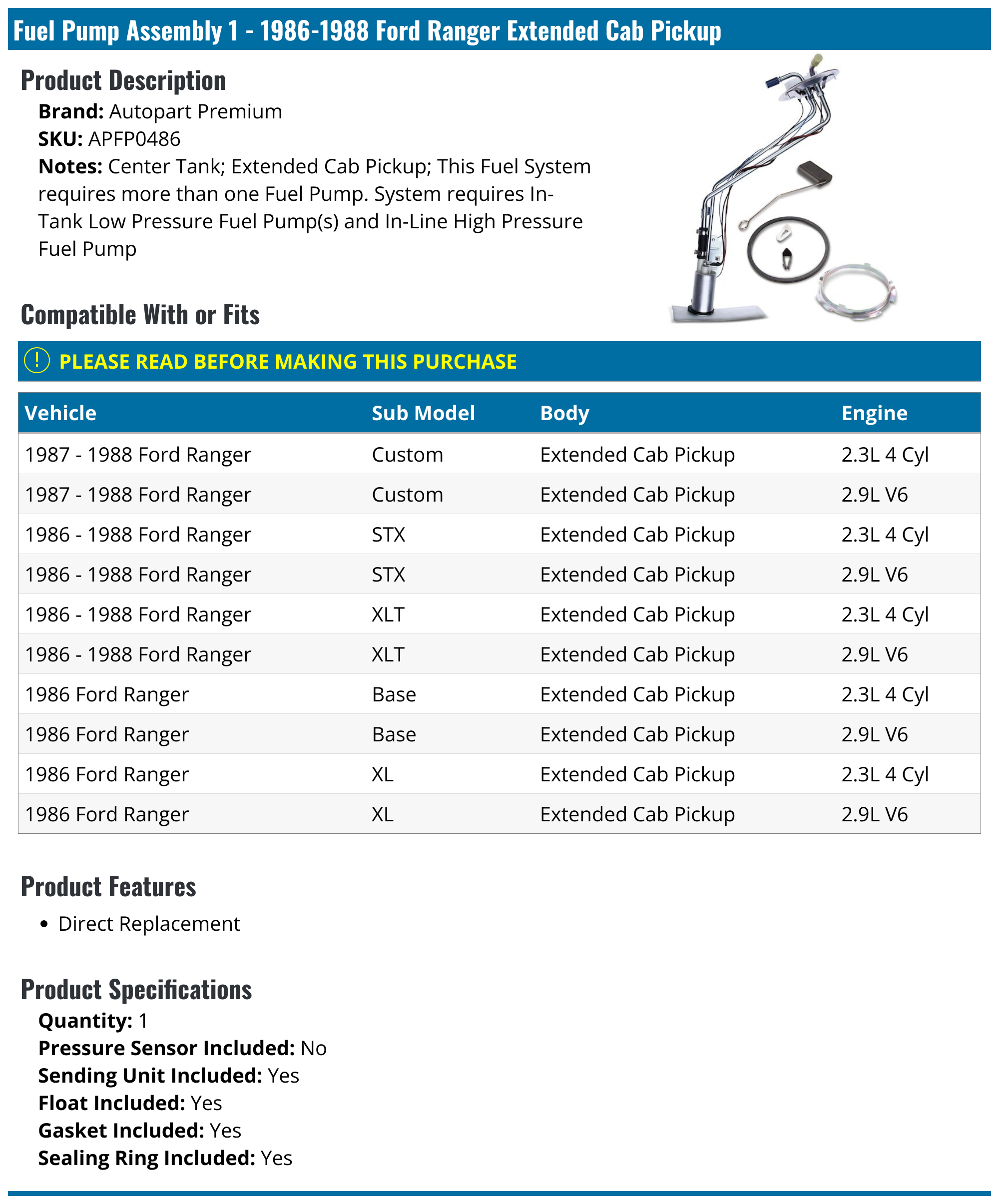 1986-1988 Ford Ranger Fuel Pump - Autopart Premium APFP0486 - PartsGeek.com