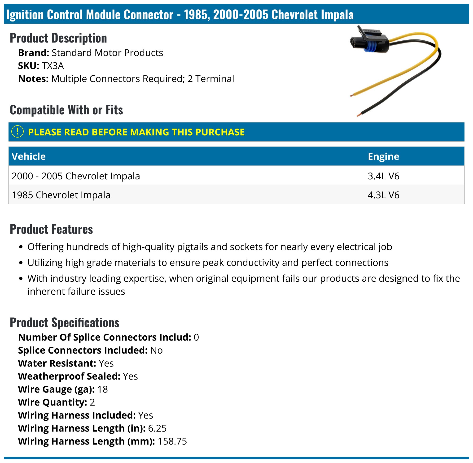 1985, 2000-2005 Chevrolet Impala Ignition Control Module Connector ...