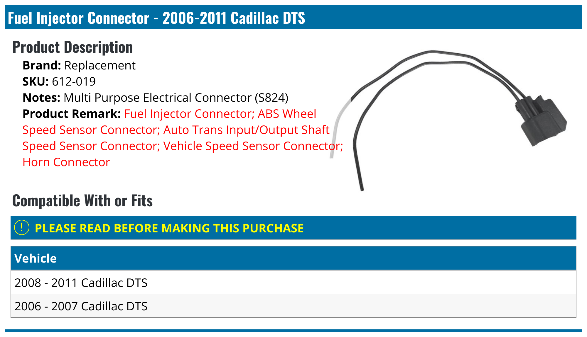 2006-2011 Cadillac DTS Fuel Injector Connector - Replacement 612-019 ...