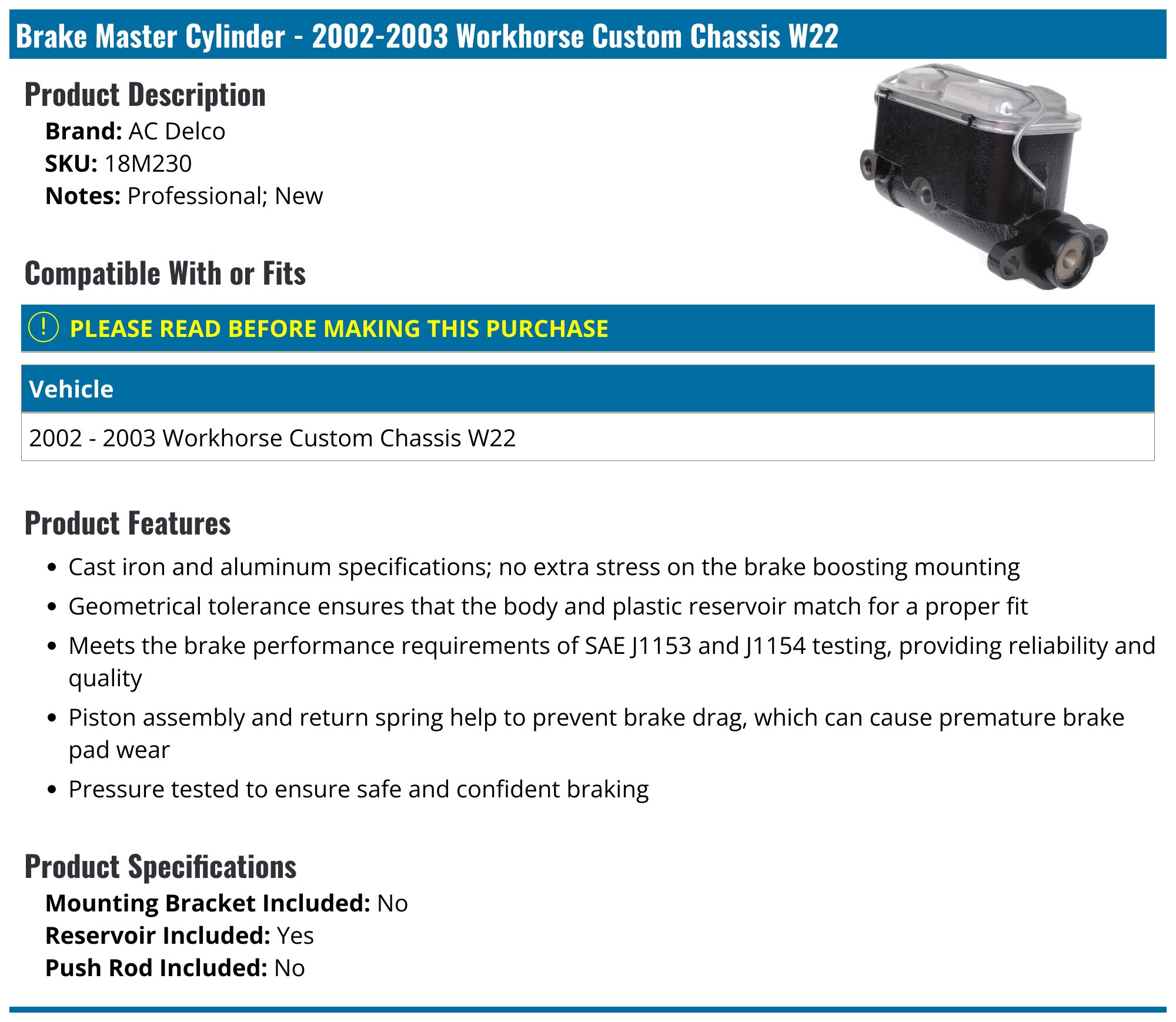 2002-2003 Workhorse Custom Chassis W22 Brake Master Cylinder - AC Delco ...