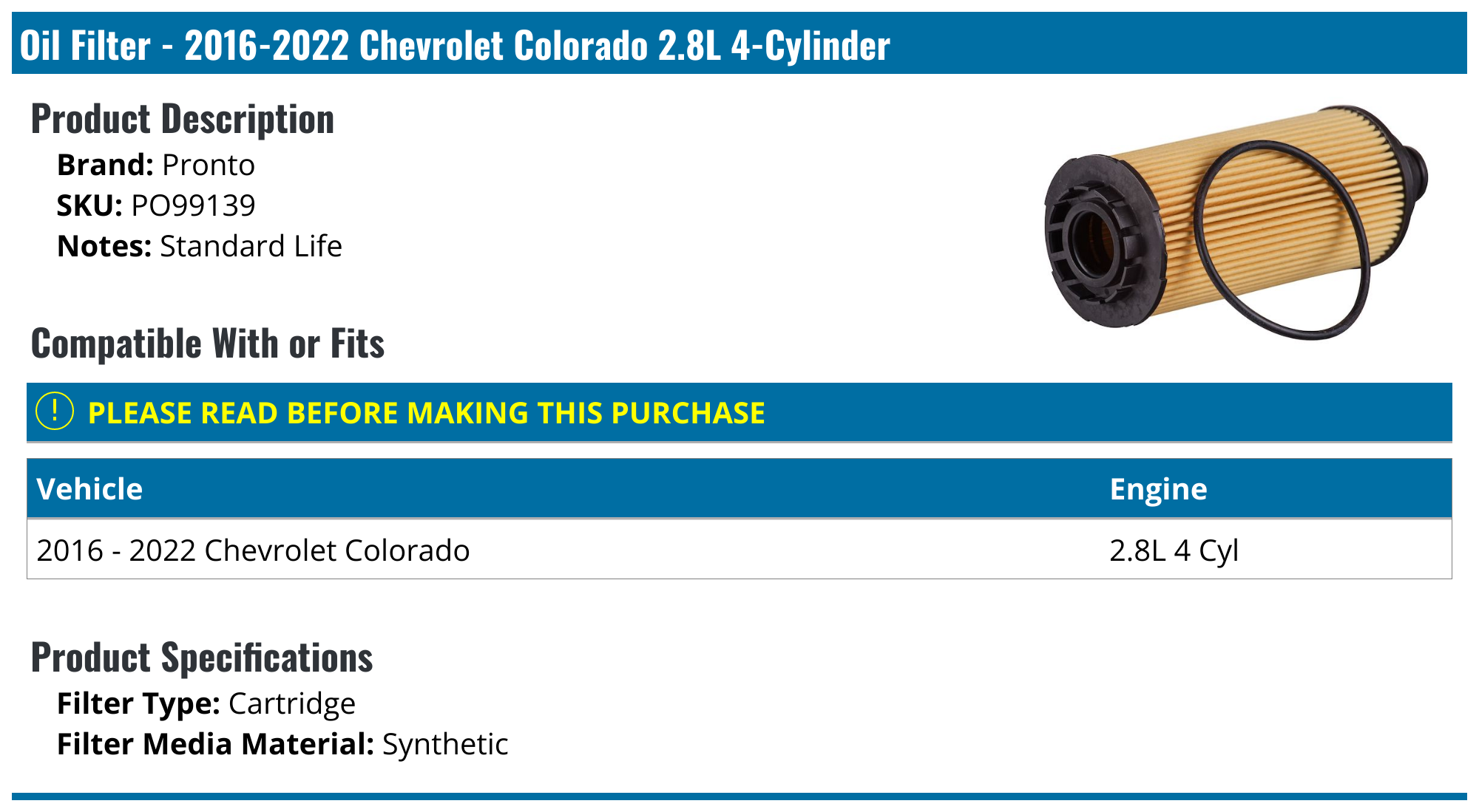 2016-2022 Chevrolet Colorado Oil Filter - Pronto PO99139 - PartsGeek.com