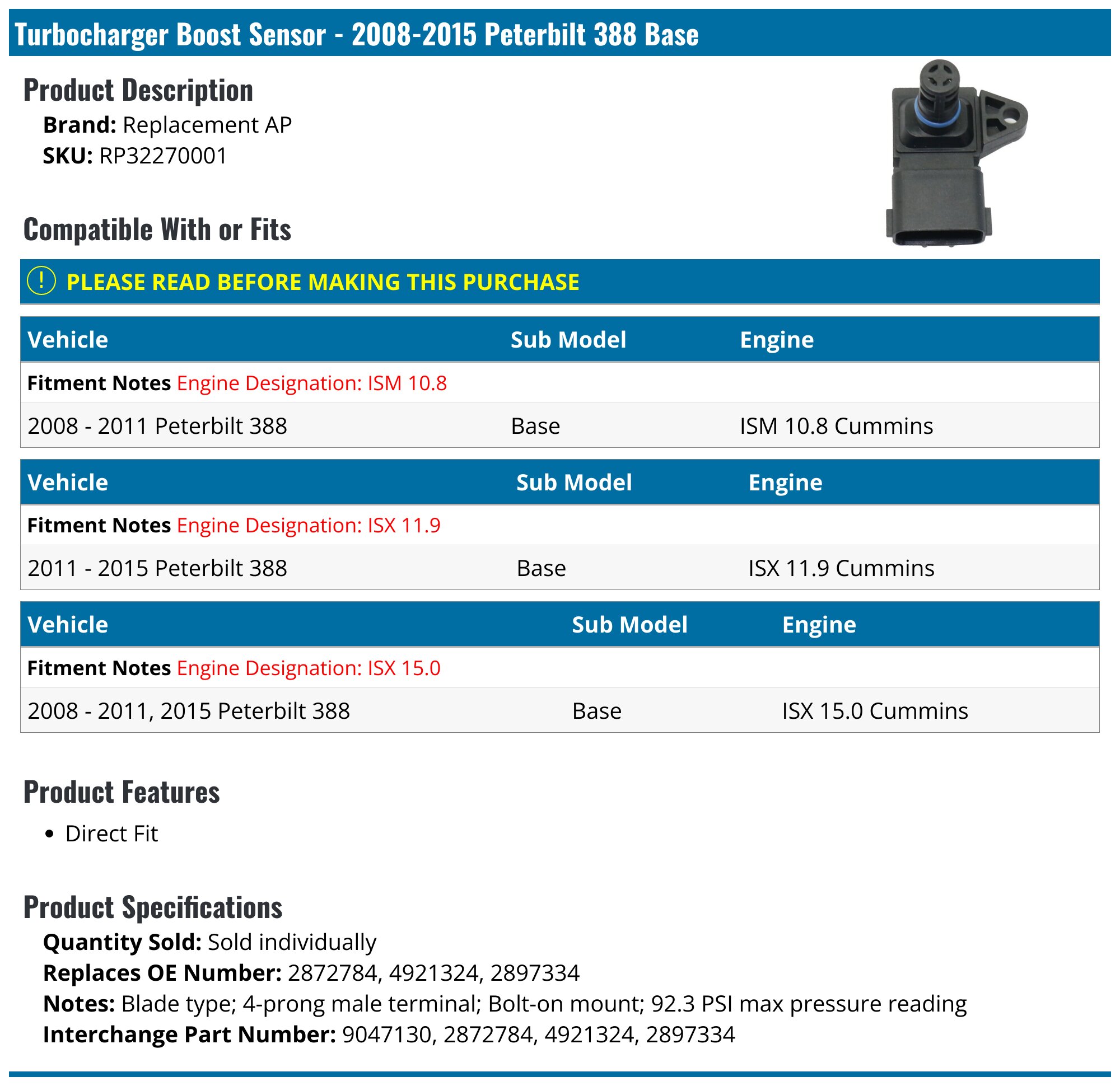 2008-2015 Peterbilt 388 Turbocharger Boost Sensor - Replacement AP ...