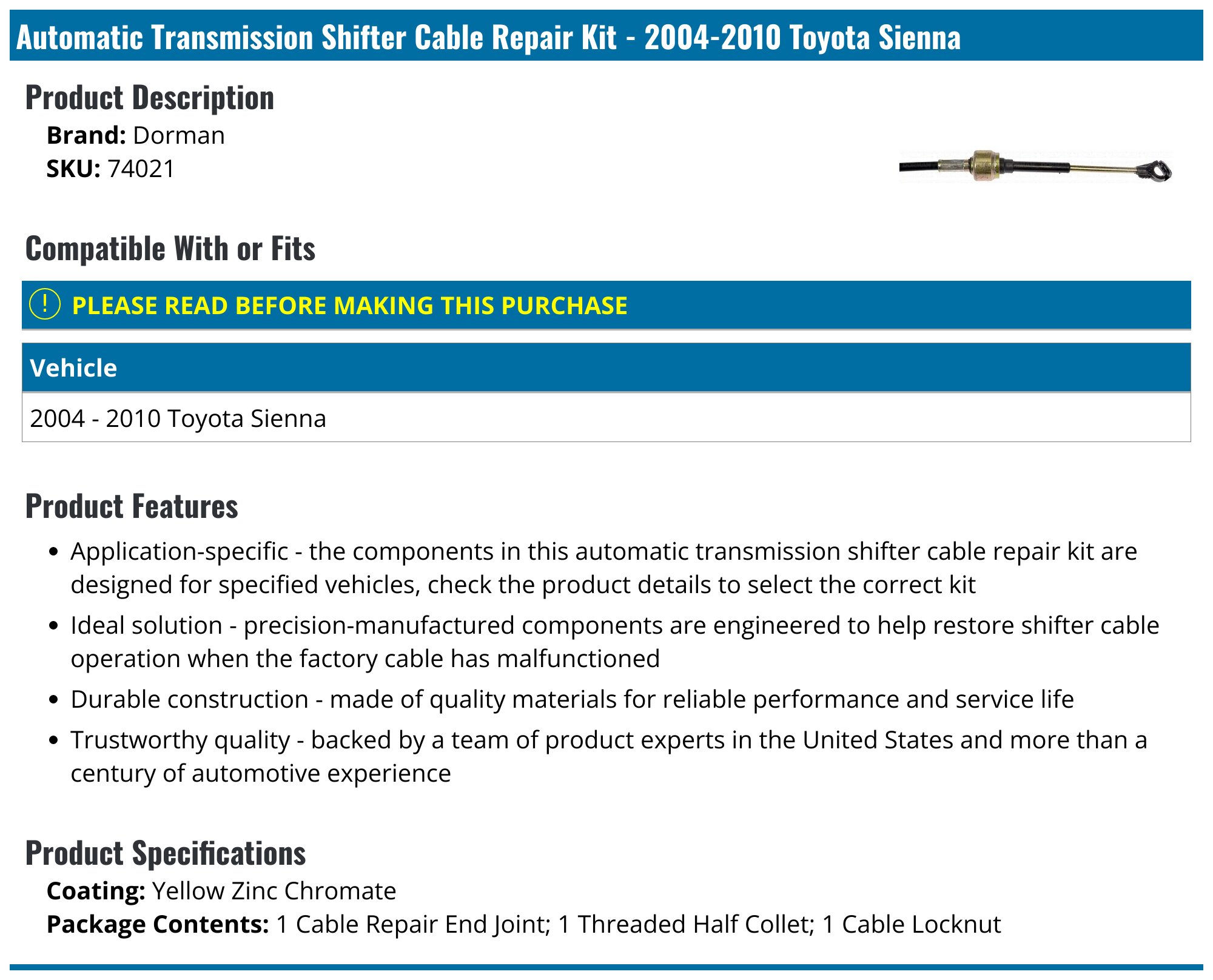 2004-2010 Toyota Sienna Automatic Transmission Shifter Cable Repair Kit ...