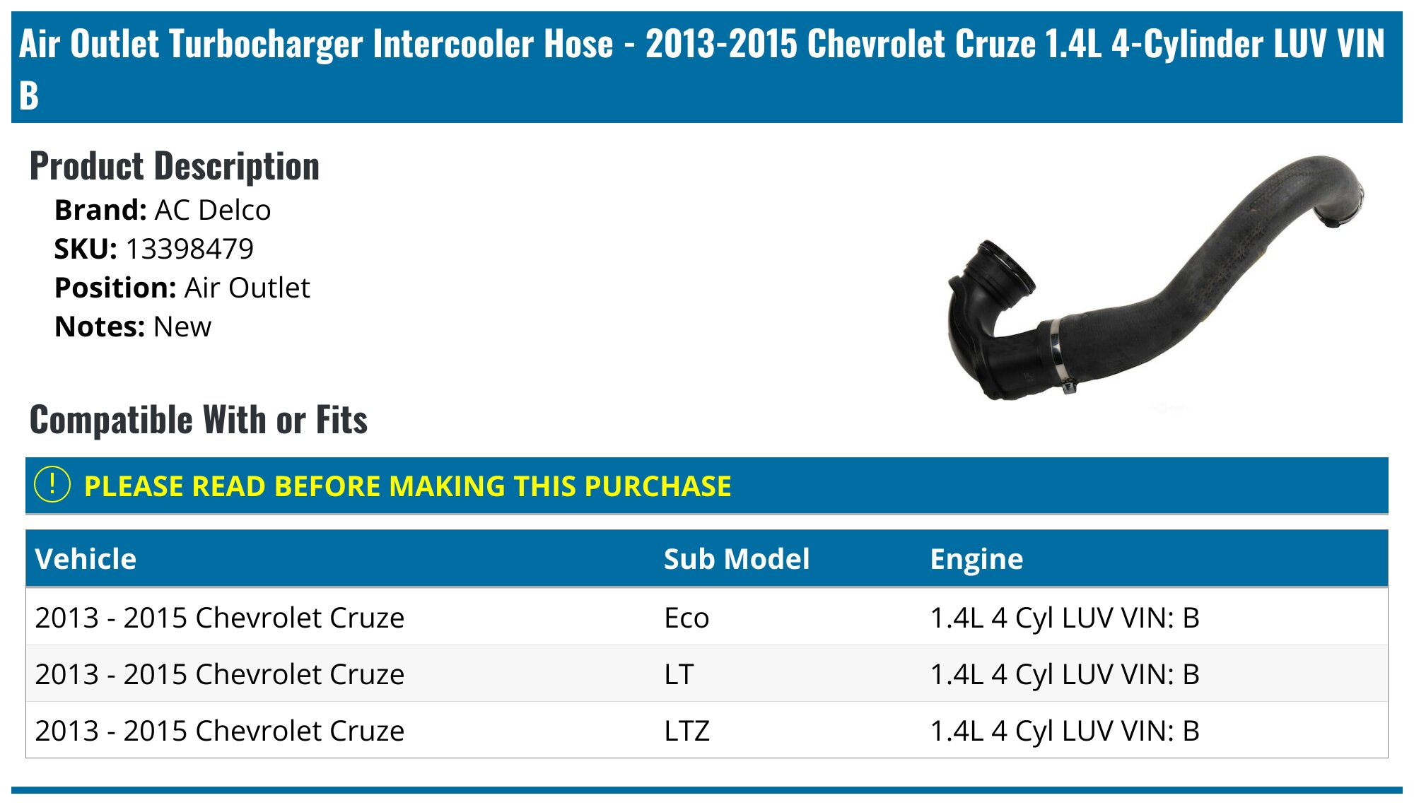 2013-2015 Chevrolet Cruze Turbocharger Intercooler Hose - AC Delco ...