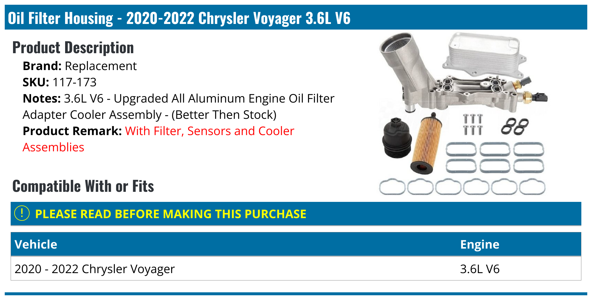 2020-2025 Chrysler Voyager Oil Filter Housing - Replacement 117-173 ...