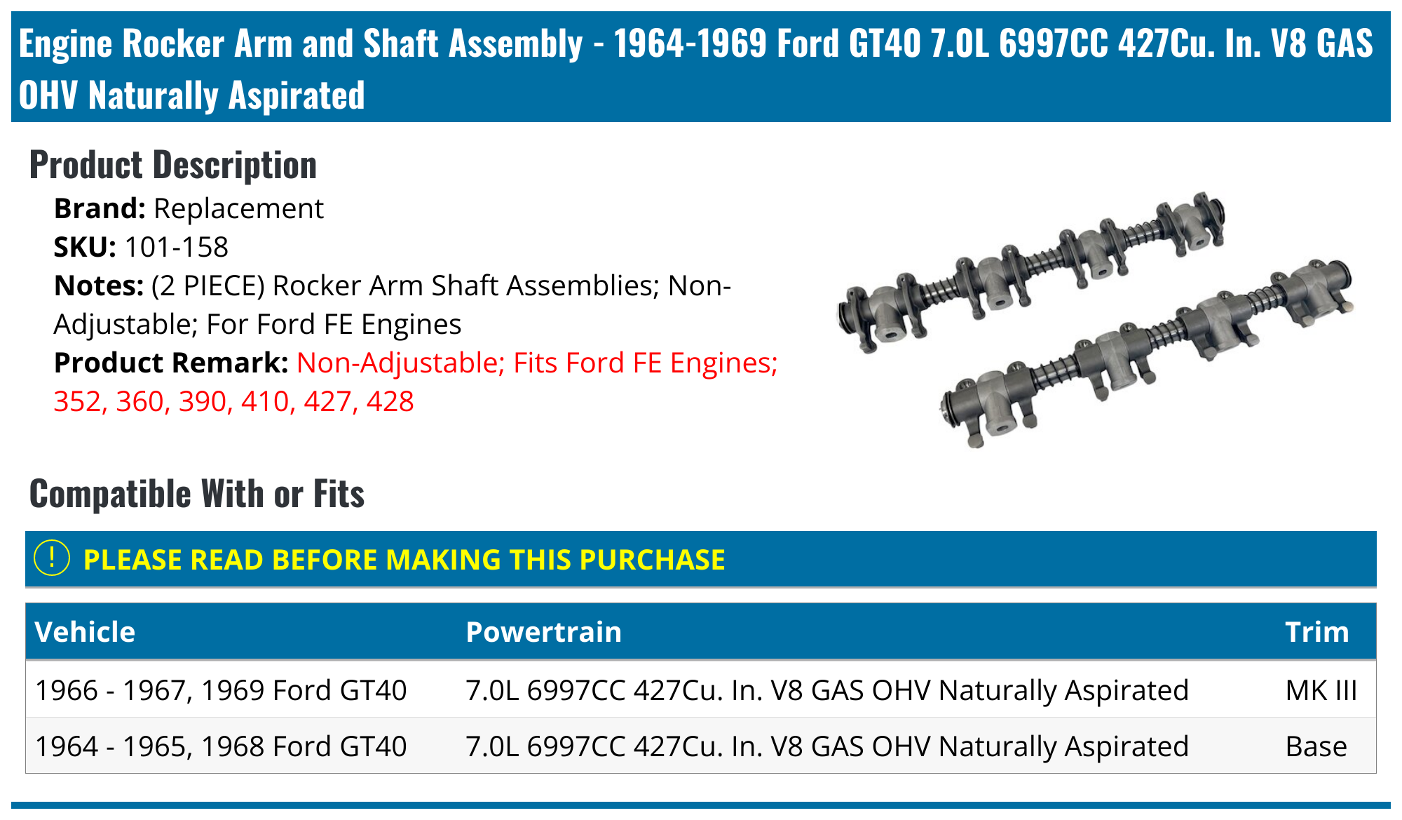 1964-1969 Ford GT40 Engine Rocker Arm and Shaft Assembly - Replacement ...