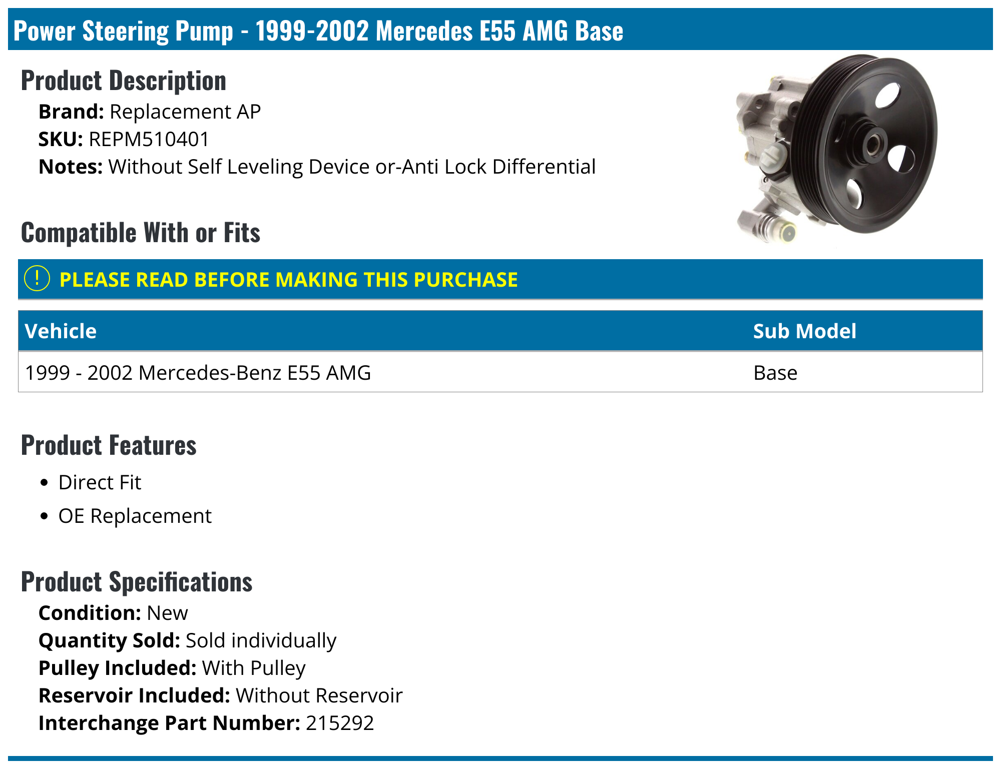 1999-2002 Mercedes E55 AMG Power Steering Pump - Replacement AP ...