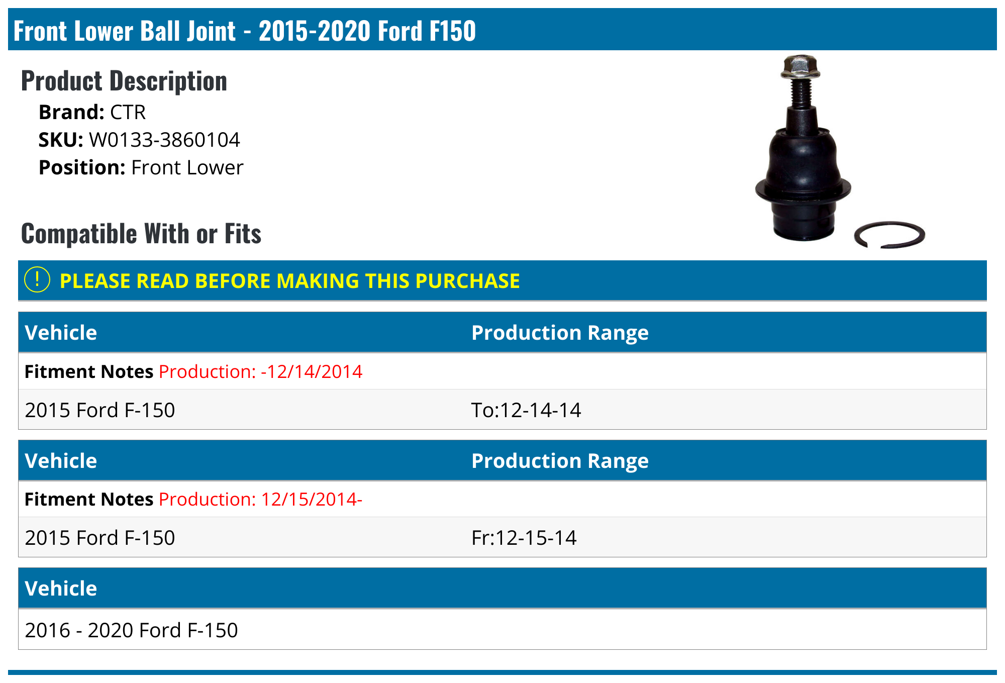 2015-2020 Ford F150 Ball Joint - CTR W0133-3860104 - Front Lower ...