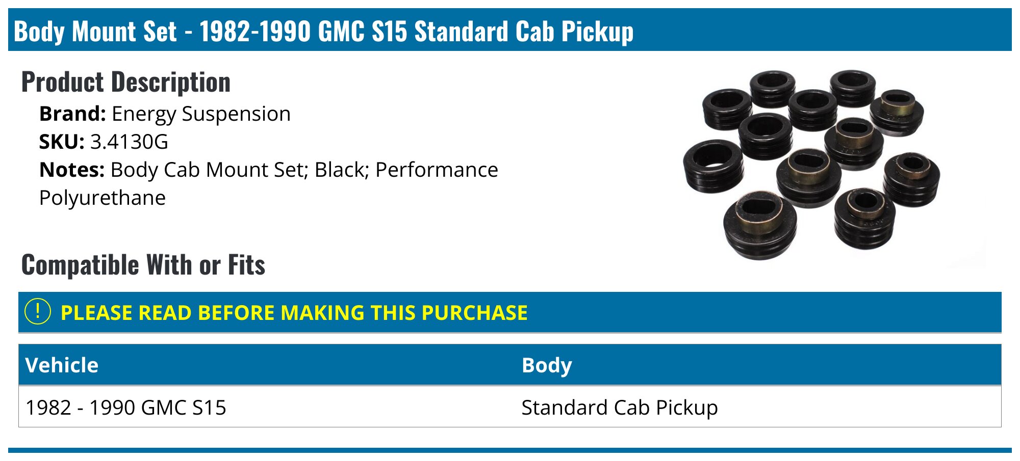 1982-1990 GMC S15 Body Mount - Energy Suspension 3.4130G - PartsGeek.com