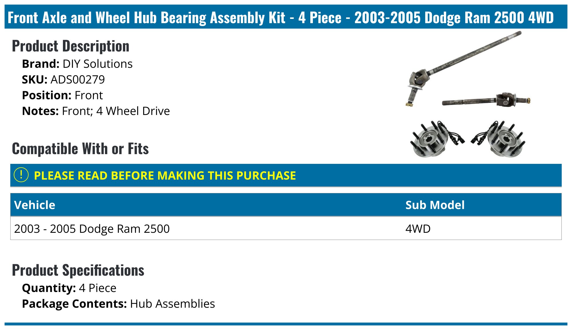 2003-2005 Dodge Ram 2500 Axle Assembly - DIY Solutions ADS00279 - Front ...