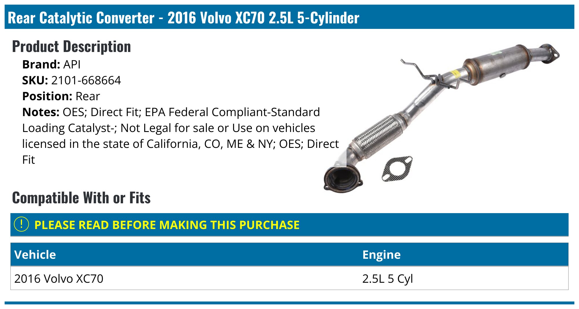 2016 Volvo XC70 Catalytic Converter - API 136836-02253461 - Rear ...