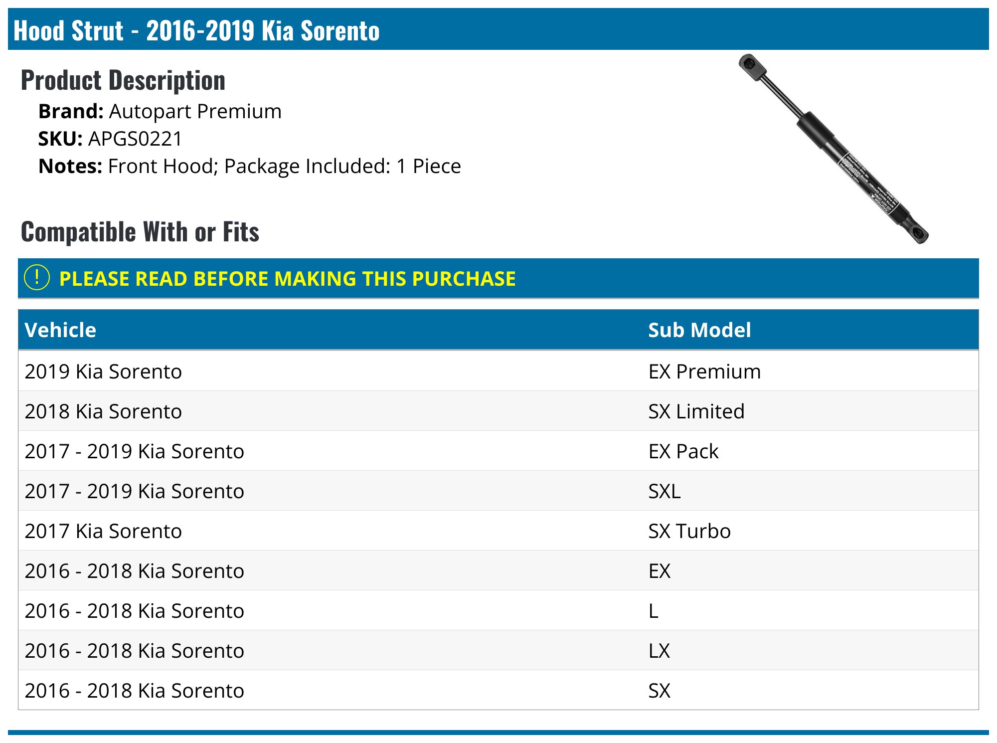 2016-2019 Kia Sorento Hood Strut - Autopart Premium APGS0221 ...