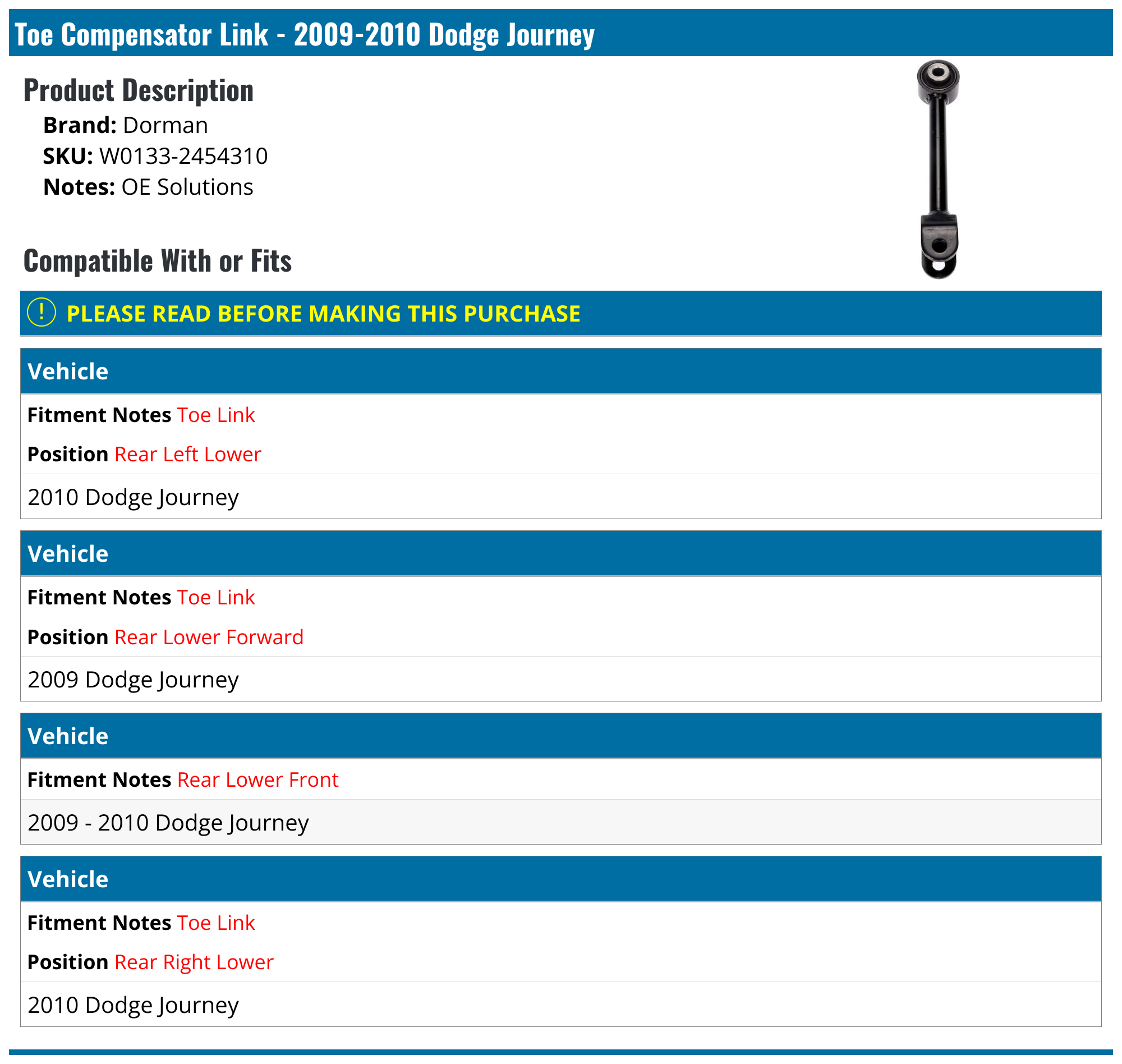2009-2020 Dodge Journey Toe Compensator Link - Dorman W0133-2454310 ...