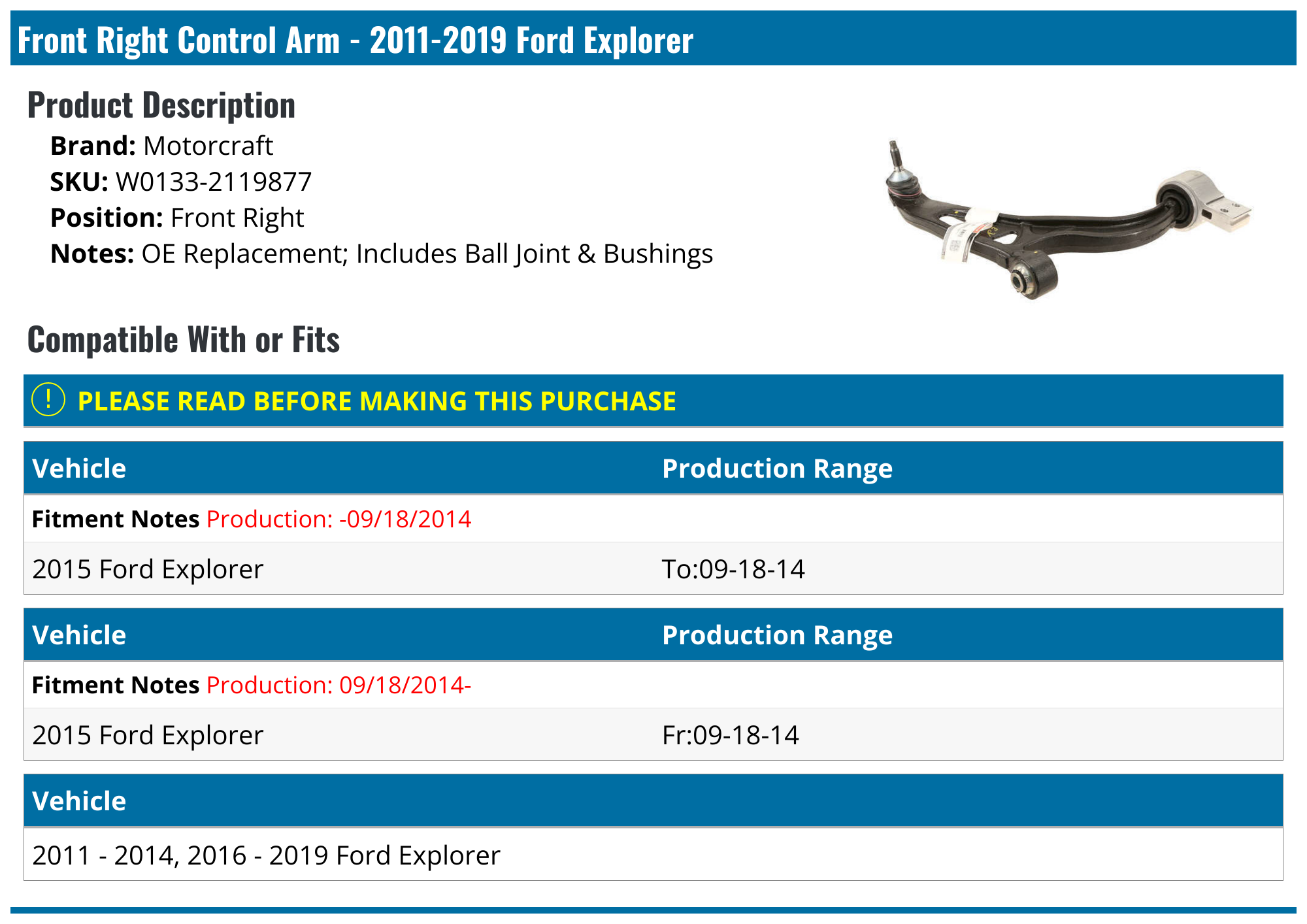 2011-2019 Ford Explorer Control Arm - Motorcraft W0133-2119877 - Front ...