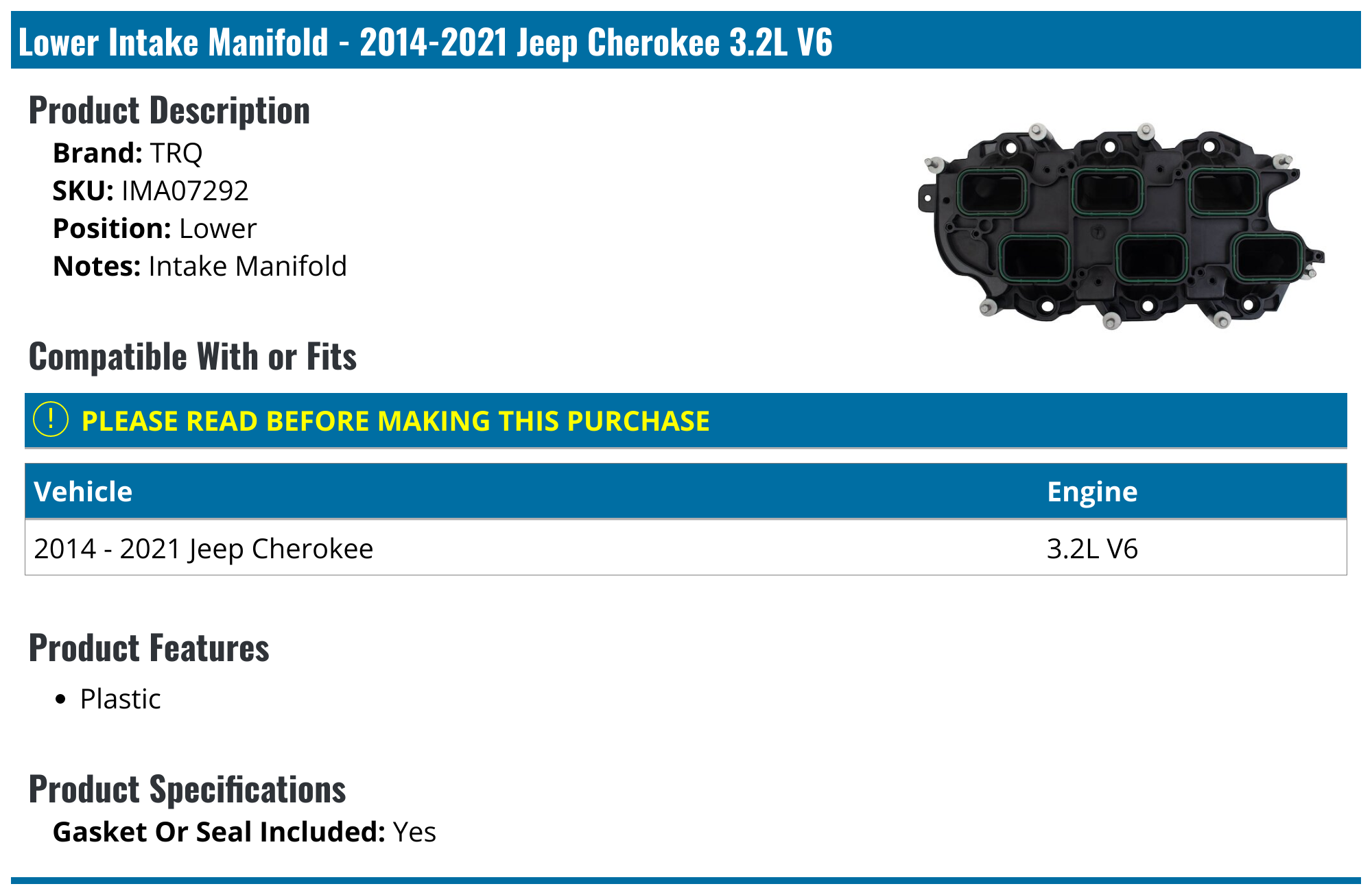 2014-2021 Jeep Cherokee Intake Manifold - TRQ IMA07292 - Lower ...