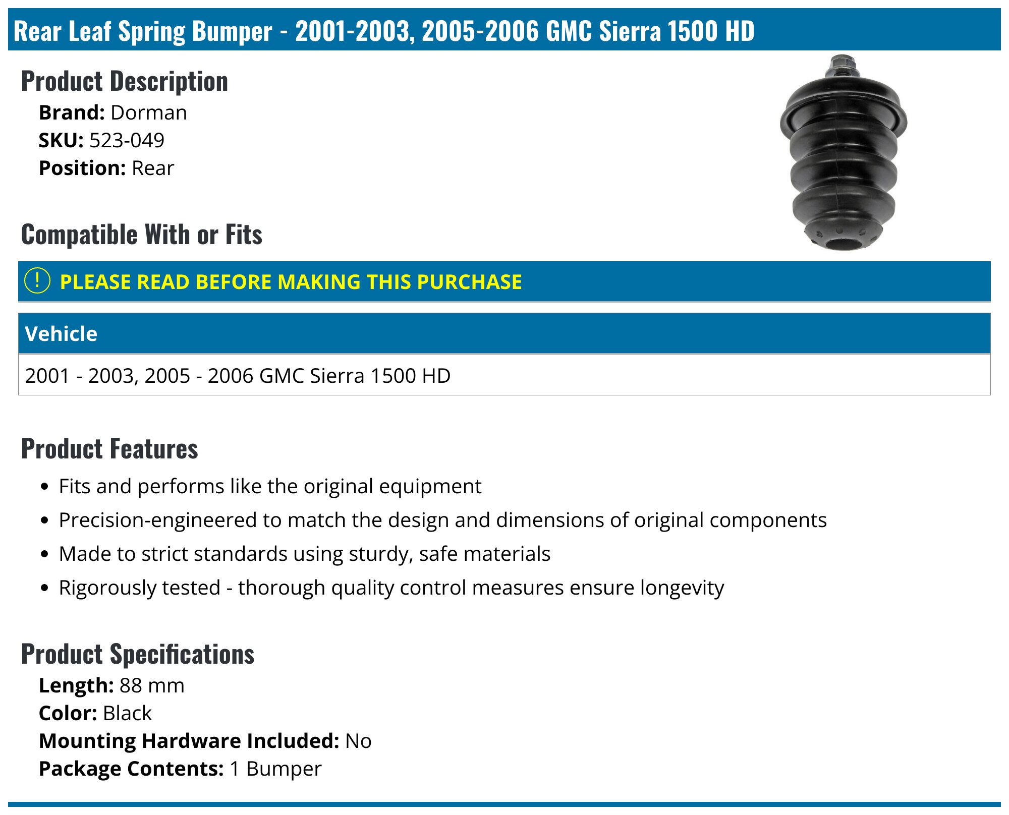 2001-2003, 2005-2006 GMC Sierra 1500 HD Leaf Spring Bumper - Dorman 523 ...