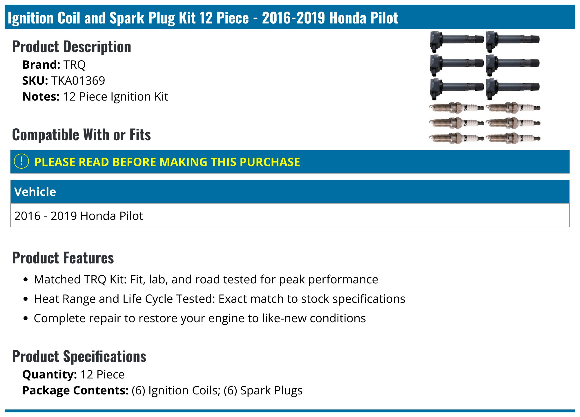 2016-2022 Honda Pilot Ignition Coil - TRQ TKA01369 - PartsGeek.com
