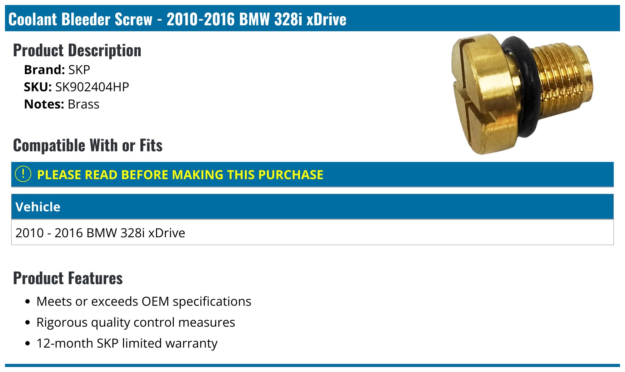 2010-2016 BMW 328i xDrive Coolant Bleeder Screw - SKP SK902404HP ...