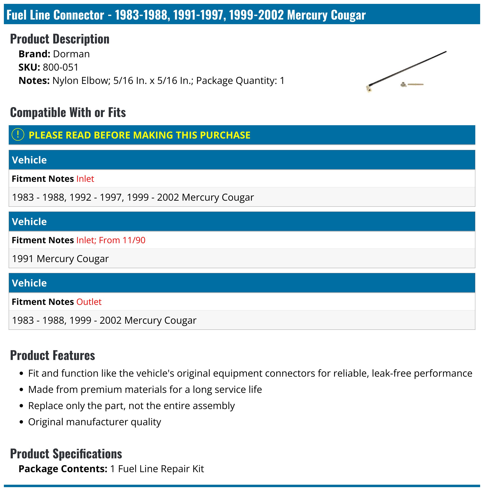 1983-1988, 1991-1997, 1999-2002 Mercury Cougar Fuel Line Connector ...