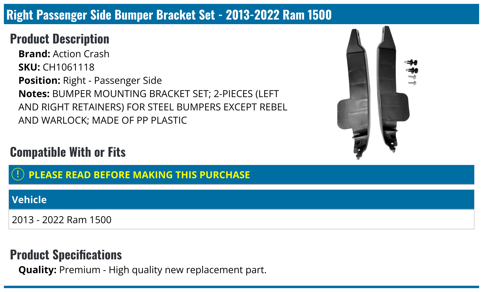 2013-2024 Ram 1500 Bumper Bracket - Action Crash CH1061118 - Right ...