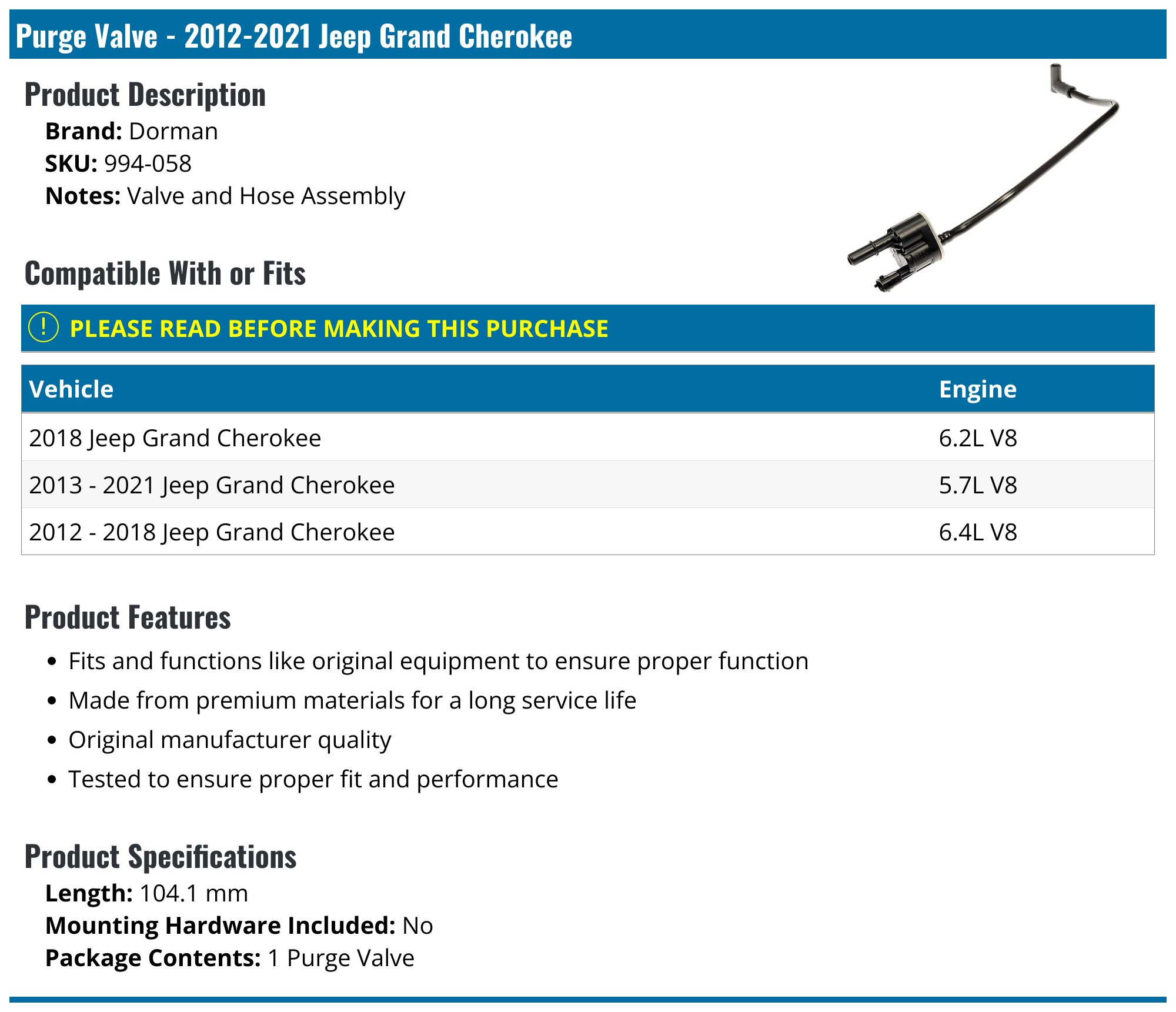 2014-2023 Jeep Grand Cherokee Purge Valve - Dorman 994-058 - PartsGeek.com