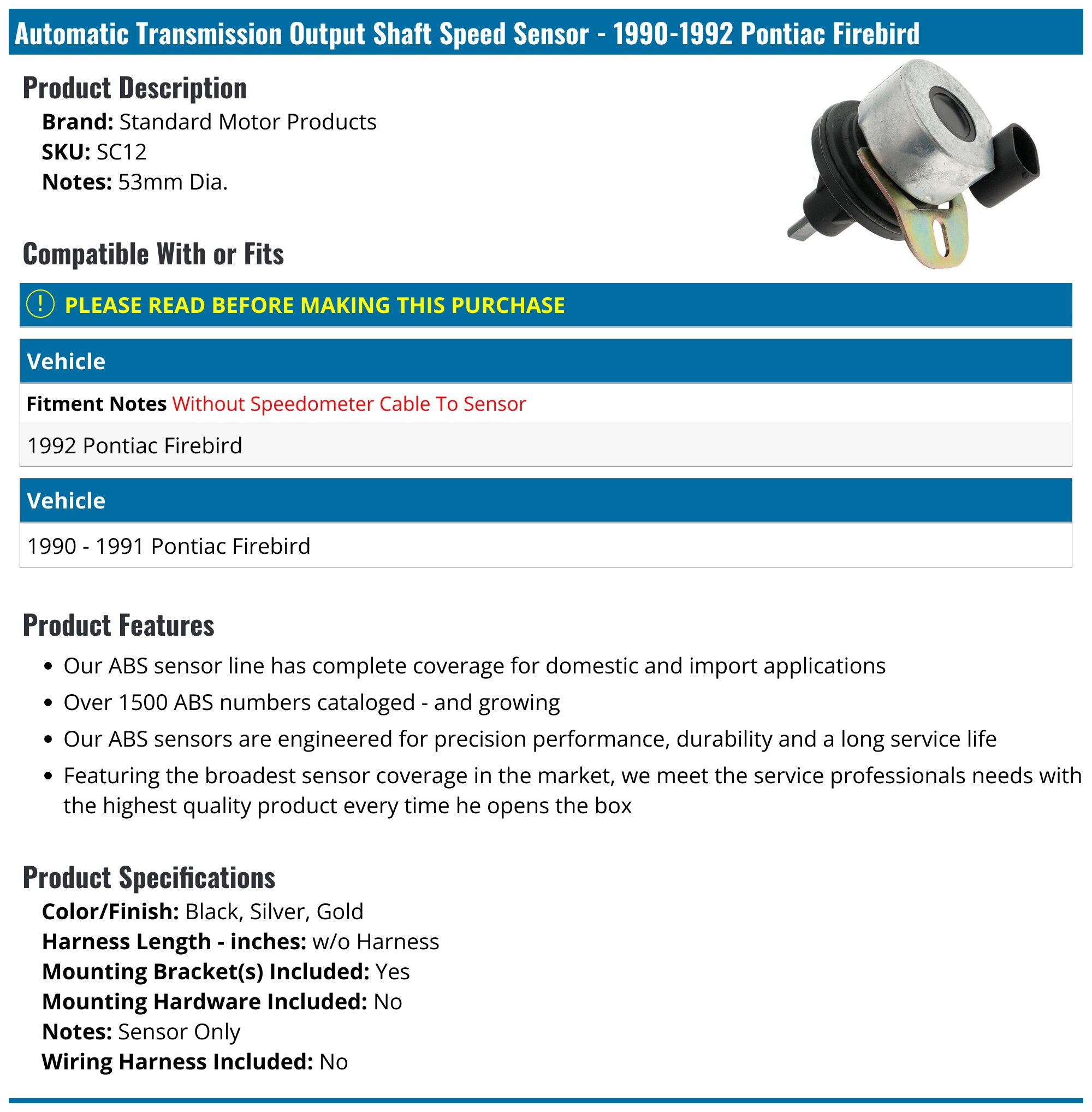 1990-1992 Pontiac Firebird Automatic Transmission Output Shaft Speed ...