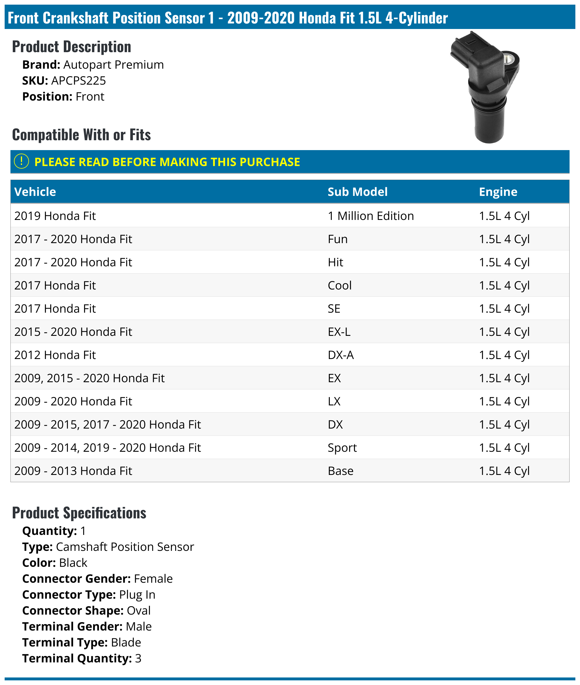 2009-2020 Honda Fit Crank Position Sensor - Autopart Premium APCPS225 ...