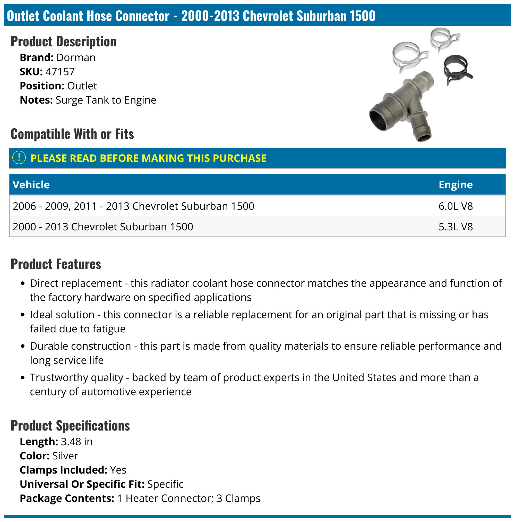 2000-2013 Chevrolet Suburban 1500 Coolant Hose Connector - Dorman 47157 ...