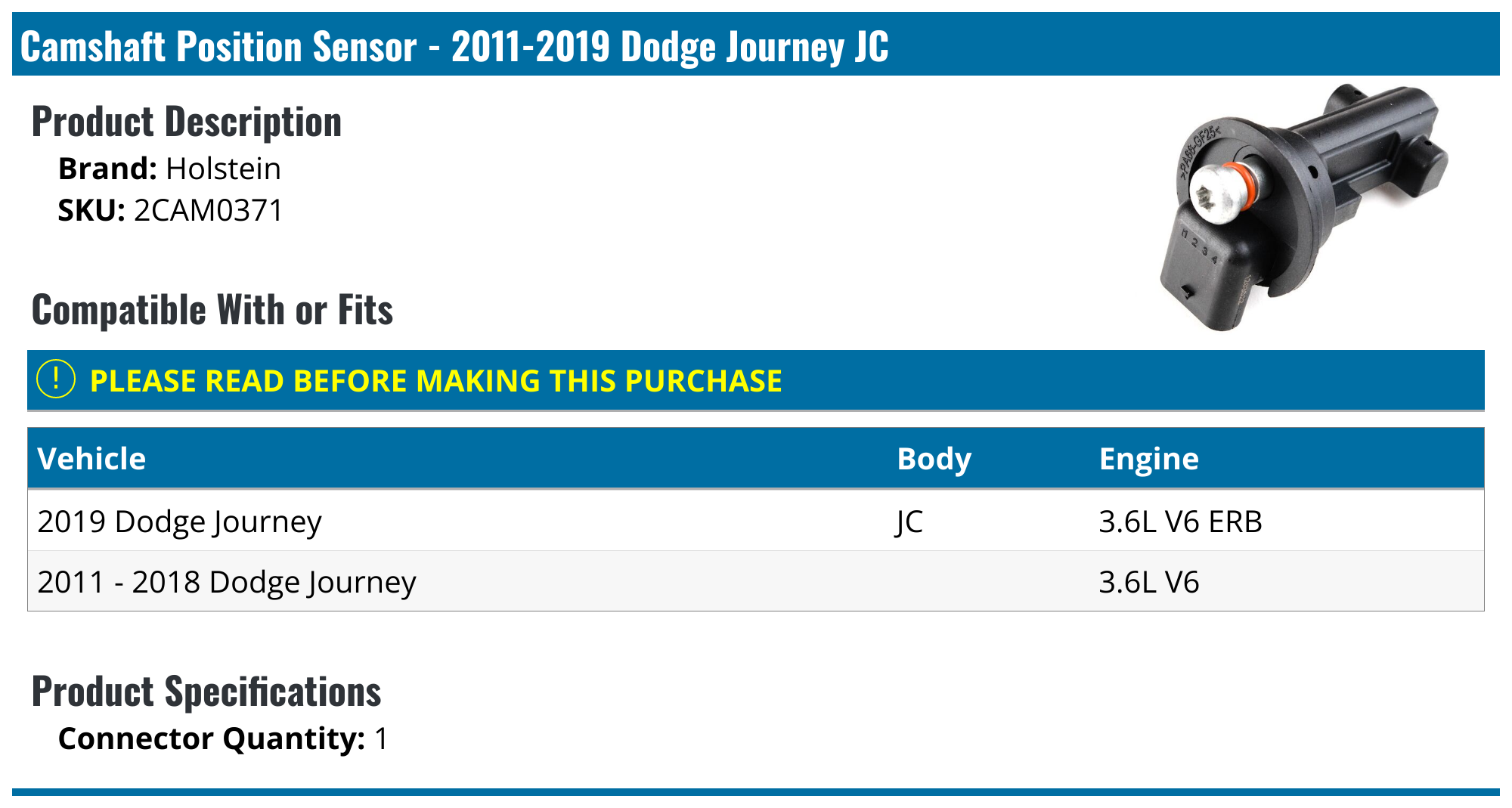 2011-2019 Dodge Journey Camshaft Position Sensor - Holstein 2CAM0371 ...