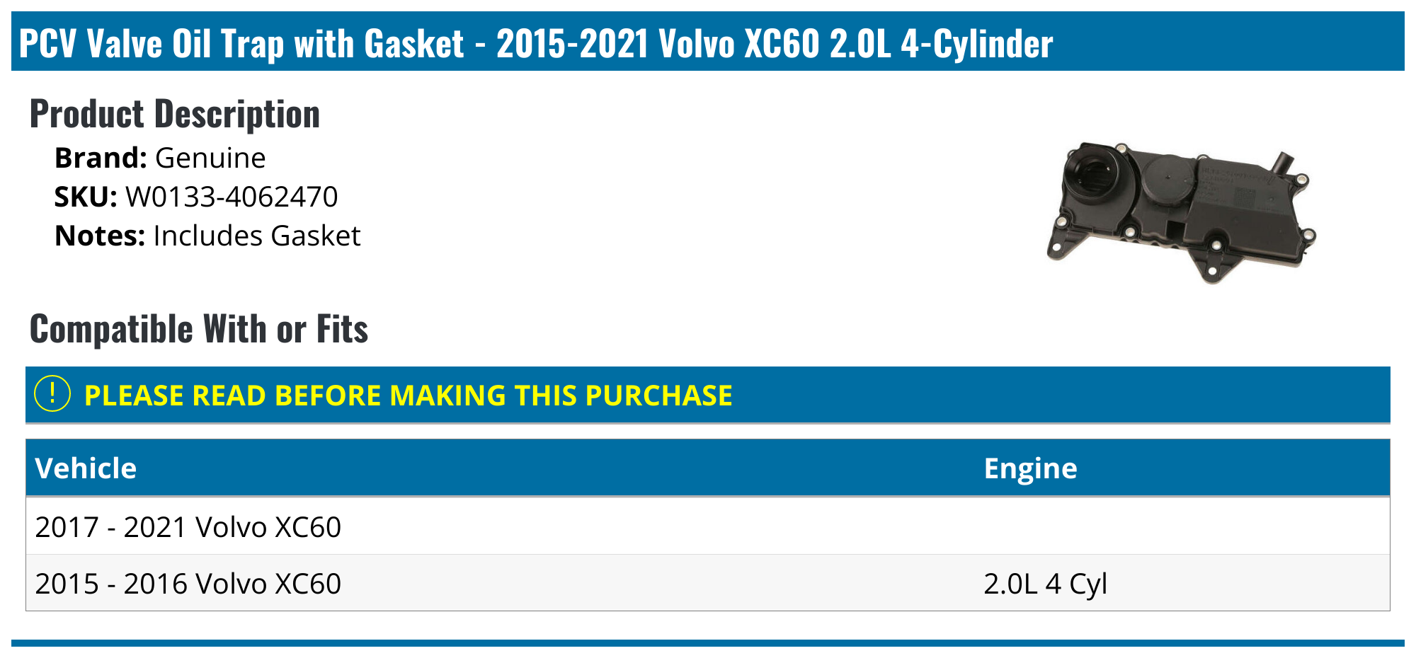 2015-2021, 2023-2025 Volvo XC60 PCV Valve Oil Trap - Genuine W0133 ...