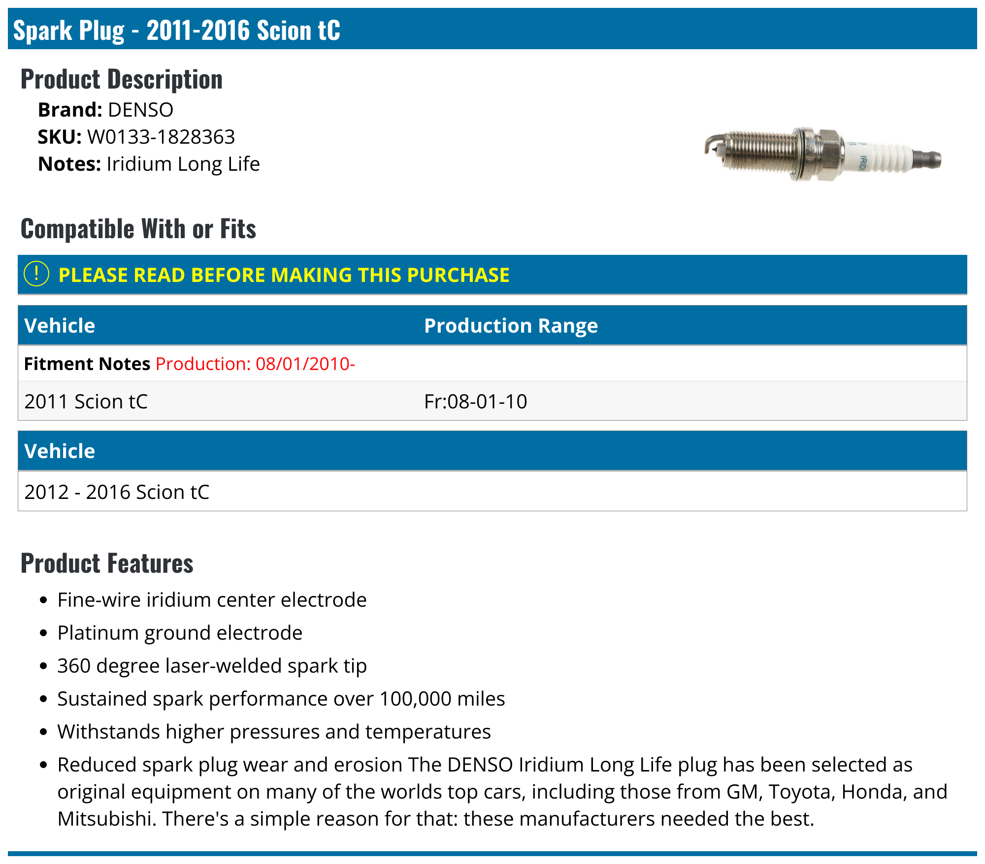 2011-2016 Scion tC Spark Plug - Denso W0133-1828363 - PartsGeek.com