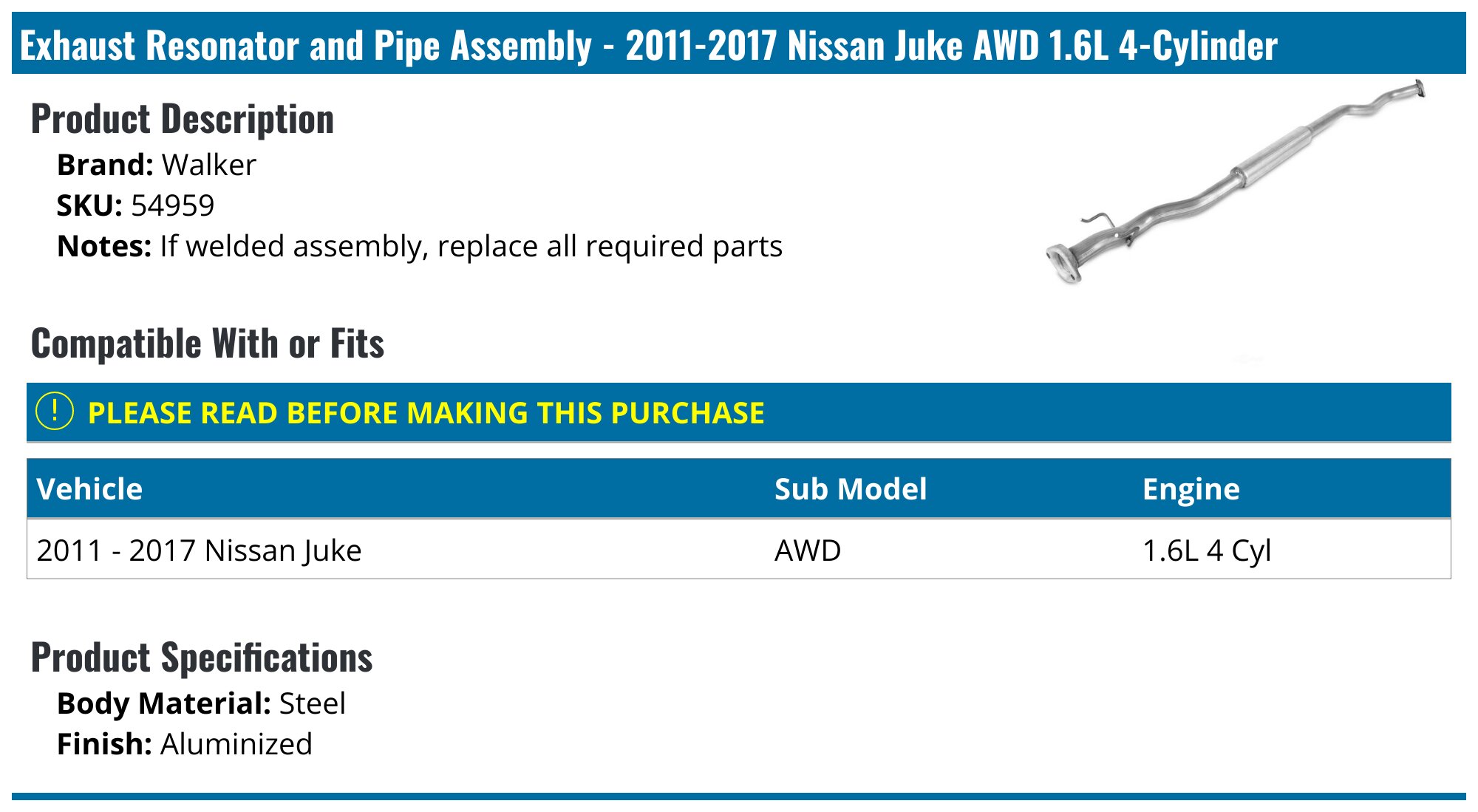 2011-2017 Nissan Juke Exhaust Resonator - Walker 54959 - PartsGeek.com