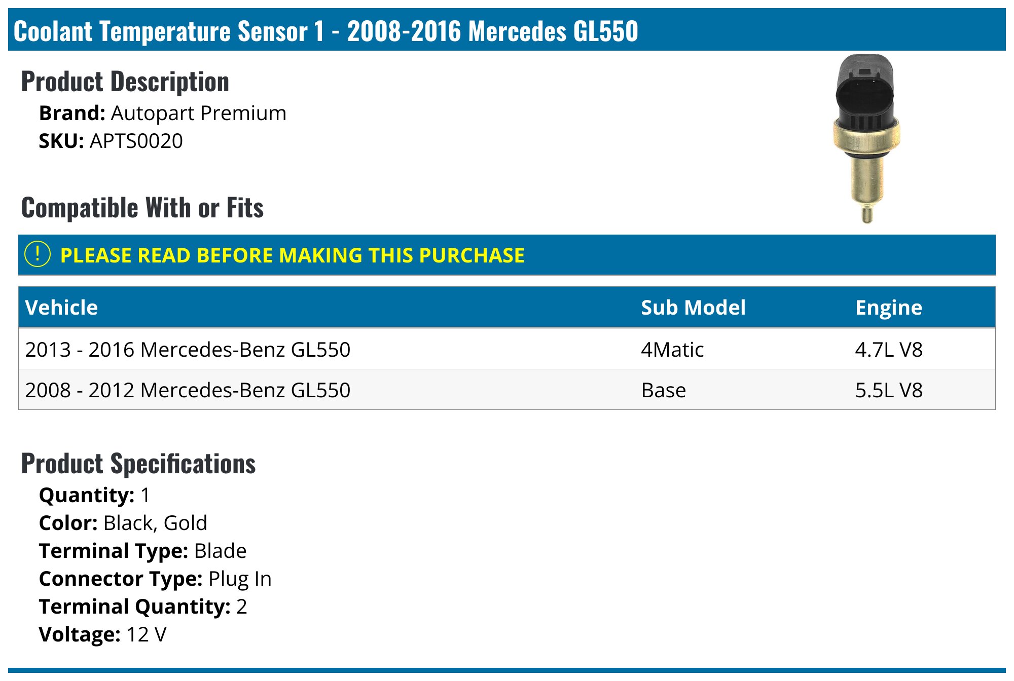 2008-2016 Mercedes GL550 Engine Coolant Temperature Sensor - Autopart ...