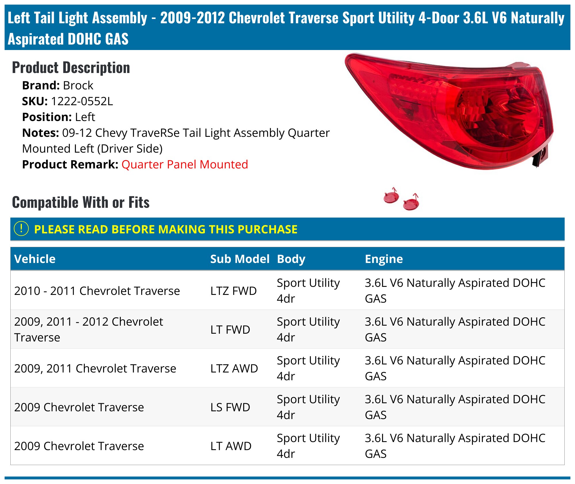 2009-2012 Chevrolet Traverse Tail Light Assembly - Brock 1222-0552L ...