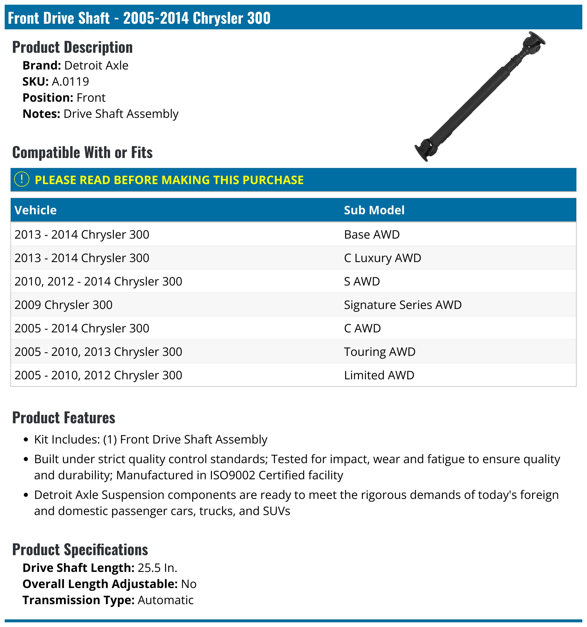 2005-2014 Chrysler 300 Drive Shaft - Detroit Axle A.0119 - Front ...